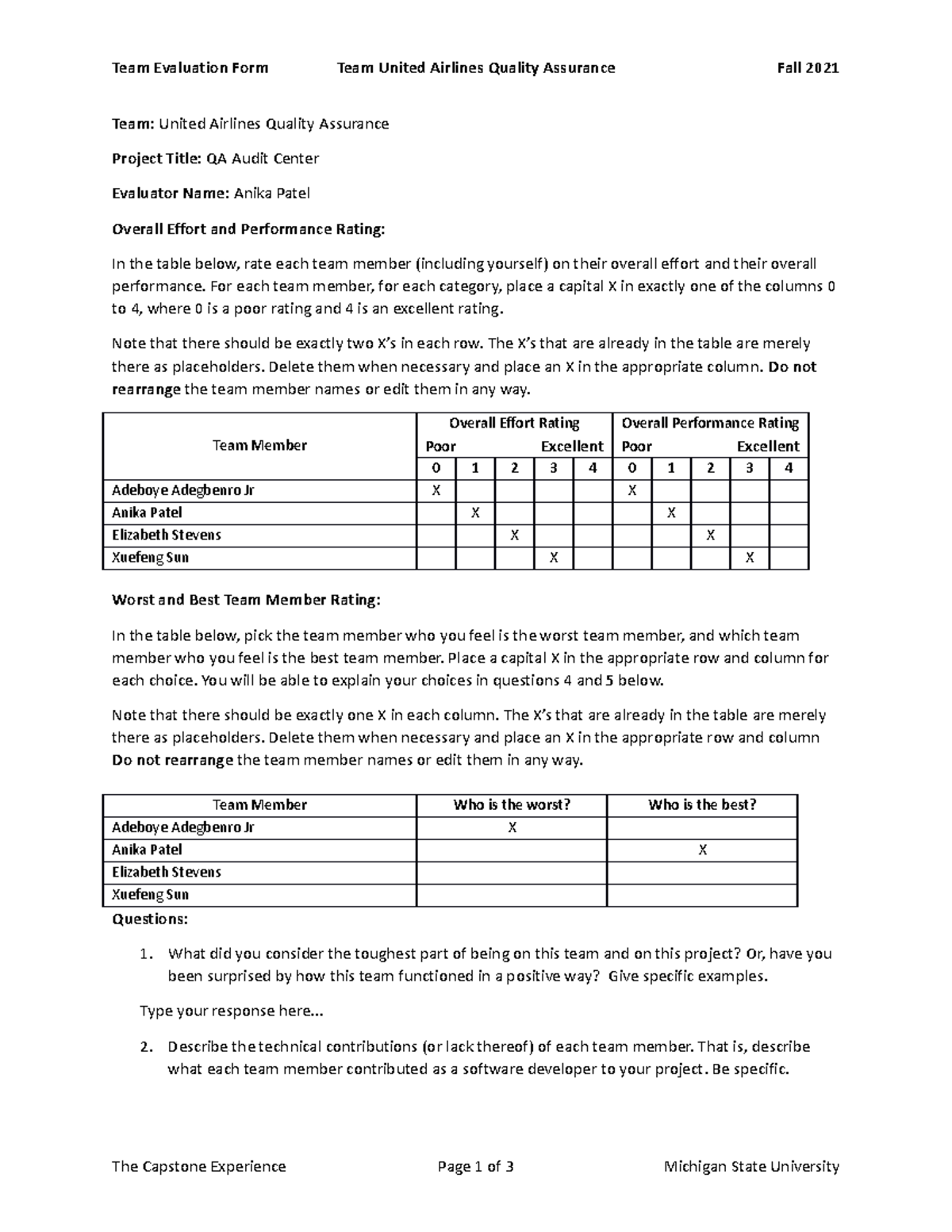 110 team united airlines quality assurance patel - Team Evaluation Form ...