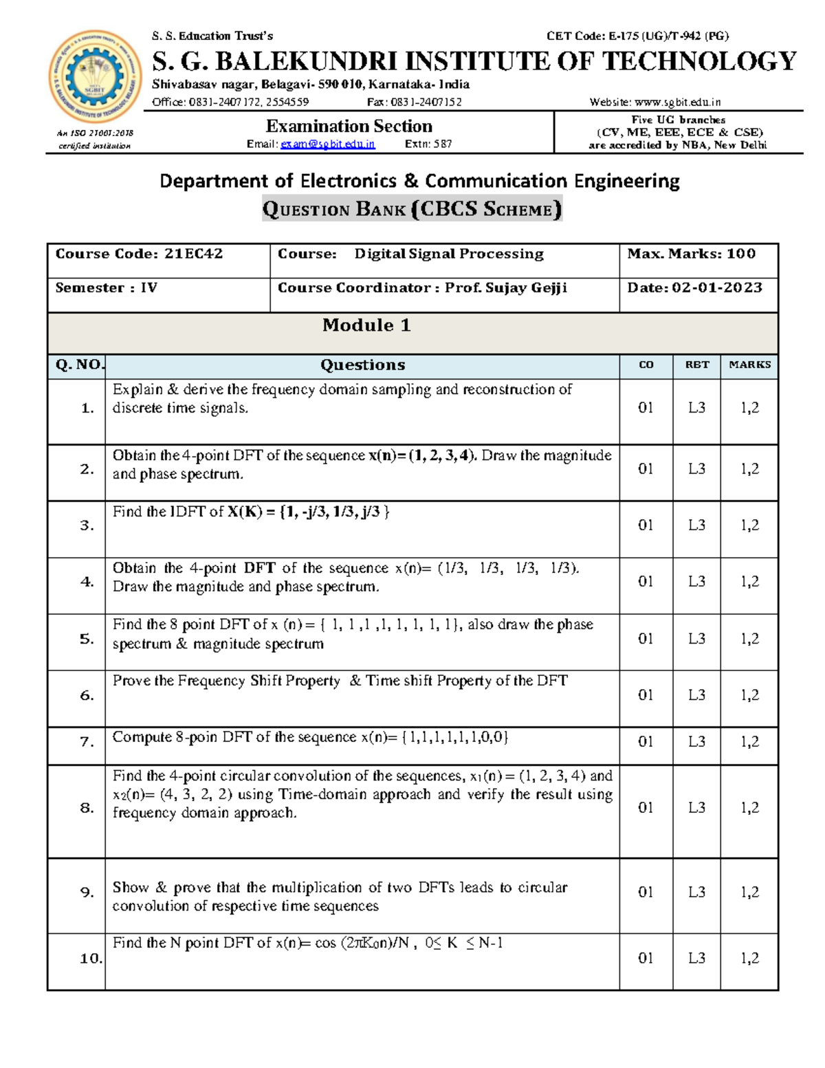 DSP Question Bank - S. G. BALEKUNDRI INSTITUTE OF TECHNOLOGY Shivabasav ...