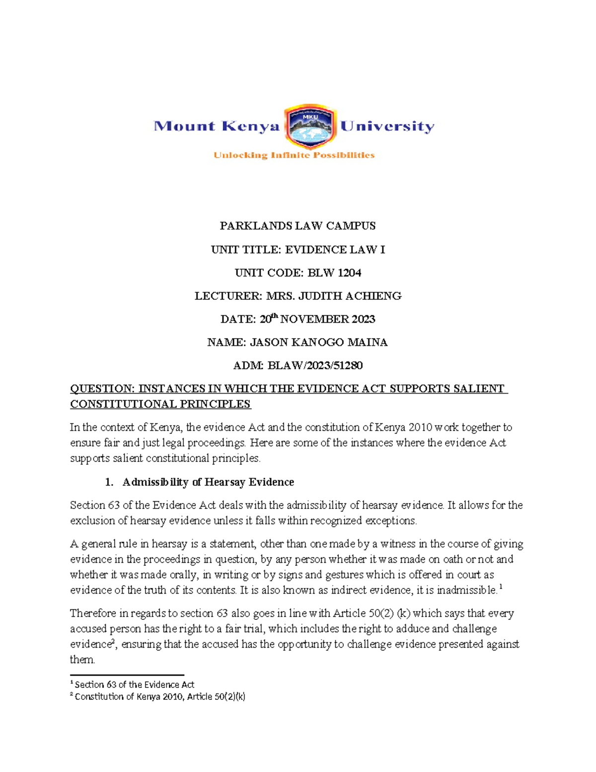 Admin LAW CAT 2 - Ombudsman - PARKLANDS LAW CAMPUS UNIT TITLE: EVIDENCE LAW I UNIT CODE: BLW ...