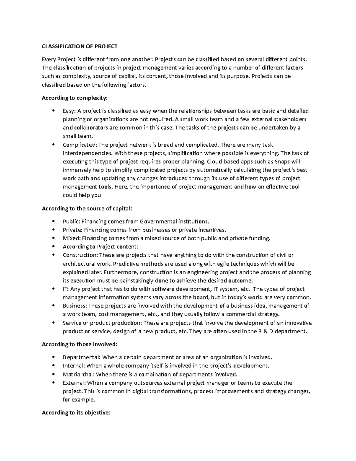 Project Management Notes For Learning - CLASSIFICATION OF PROJECT Every ...