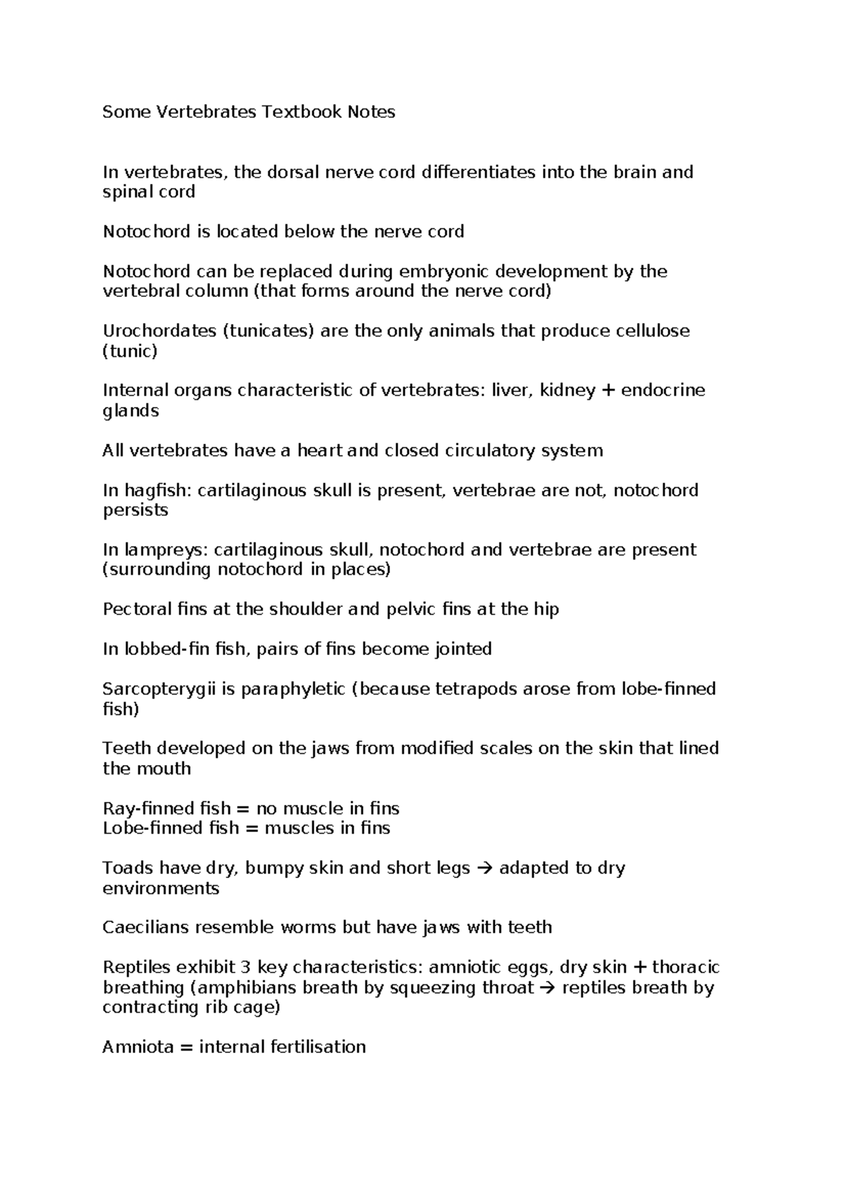 Some Vertebrates Textbook Notes - Studocu