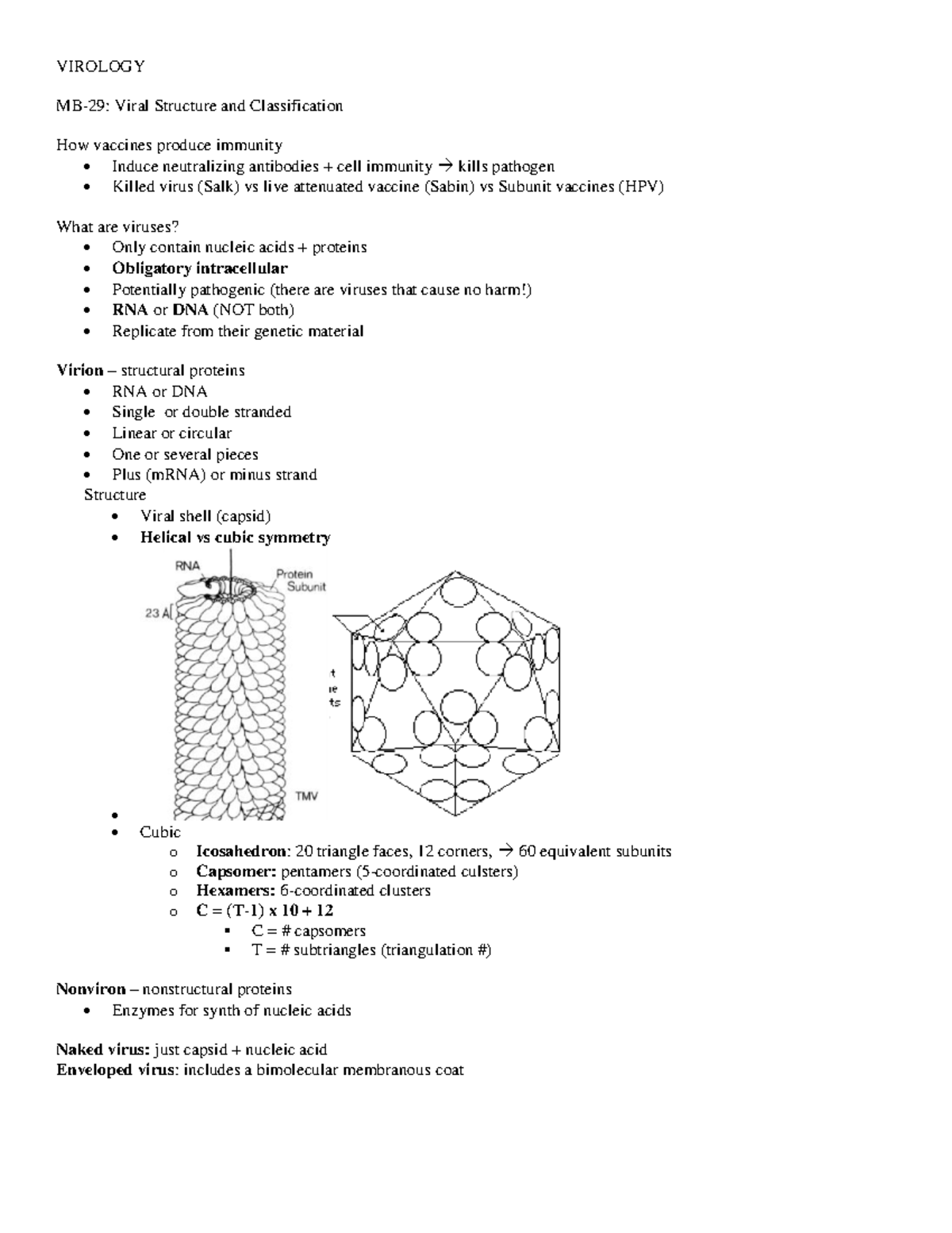 Virology-1-3 - Virology Recap Notes - VIROLOGY MB-29: Viral Structure ...