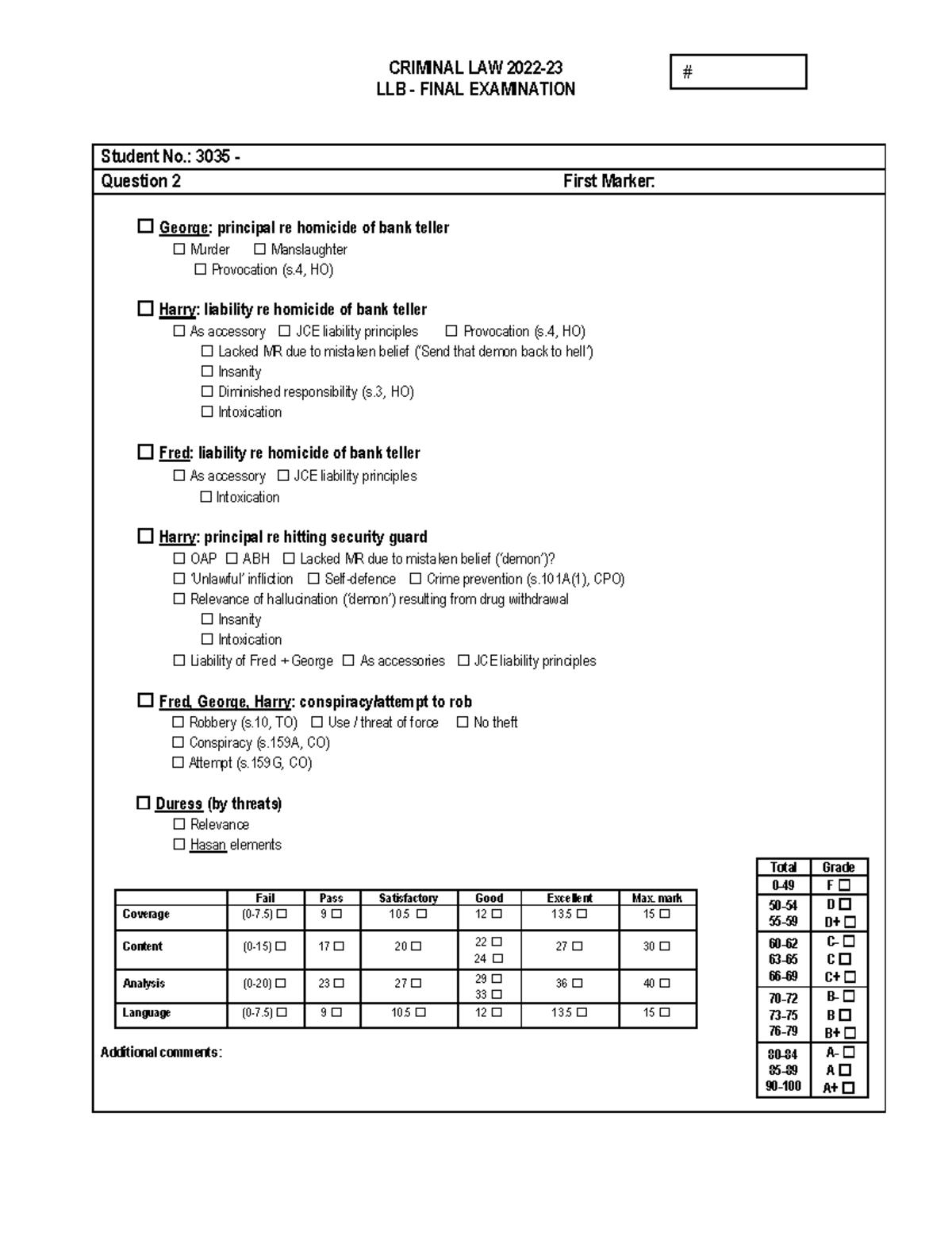 2022-23 Marksheet Qn2 - CRIMINAL LAW 20 22 - 23 LLB - FINAL EXAMINATION ...
