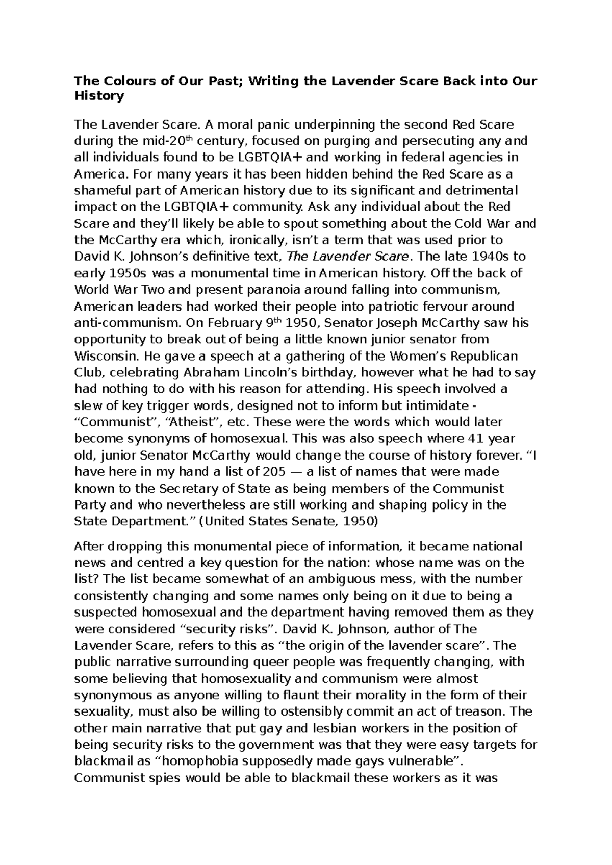 History project; The Lavender Scare - The Colours of Our Past; Writing ...