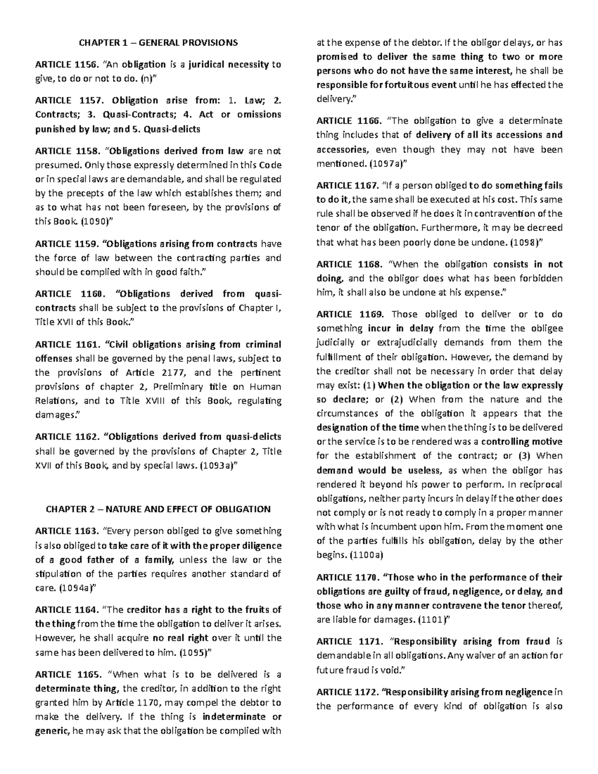 [ Oblicon] Provisions Summary - CHAPTER 1 – GENERAL PROVISIONS ARTICLE ...