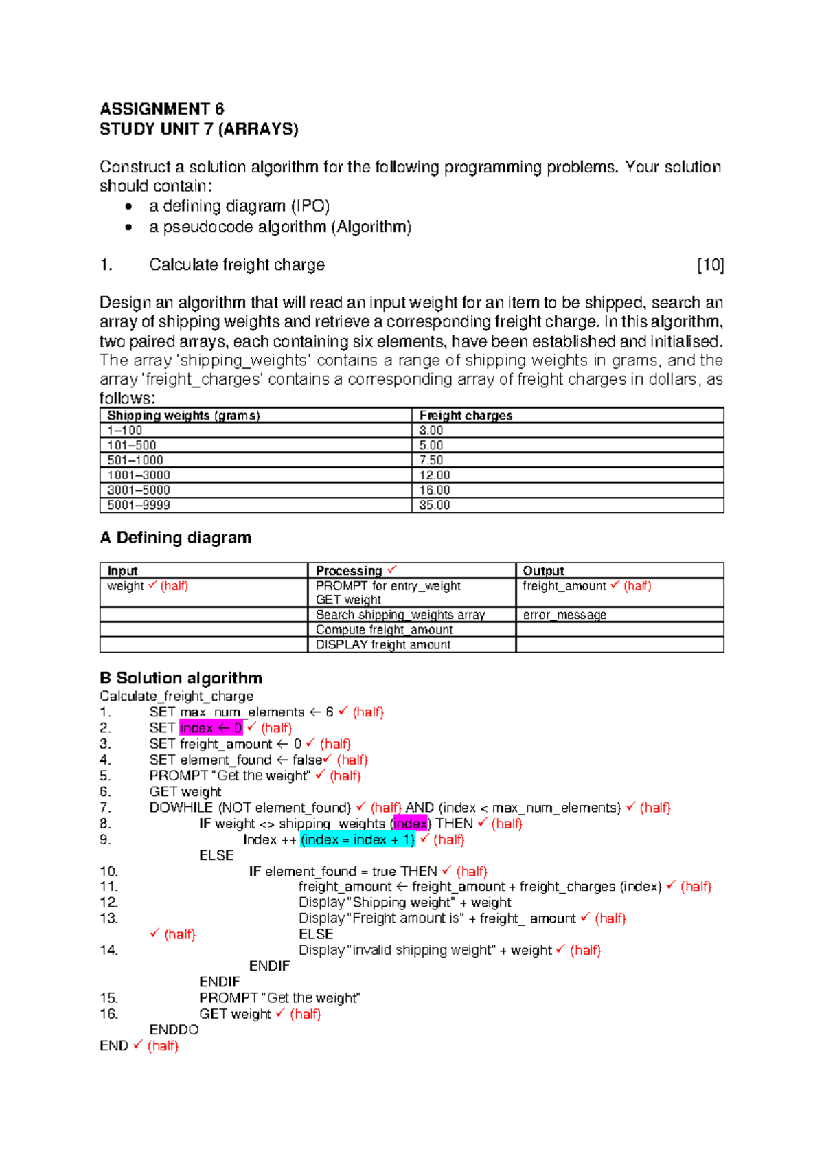 Assignment 6 Memo - ASSIGNMENT 6 STUDY UNIT 7 (ARRAYS) Construct a solution algorithm for the ...