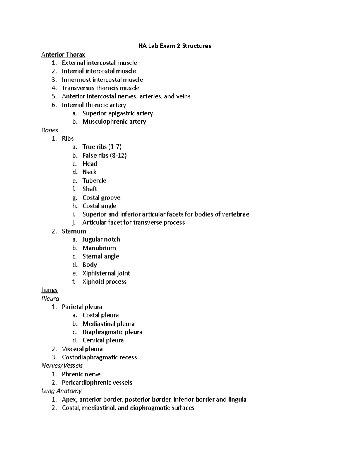 HA Lab Exam 2 Structures - HA Lab Exam 2 Structures Anterior Thorax ...