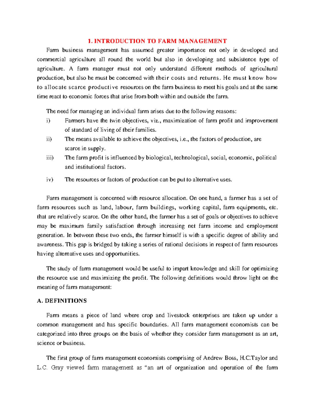 Lec01 - additional notes - 1. INTRODUCTION TO FARM MANAGEMENT Farm ...