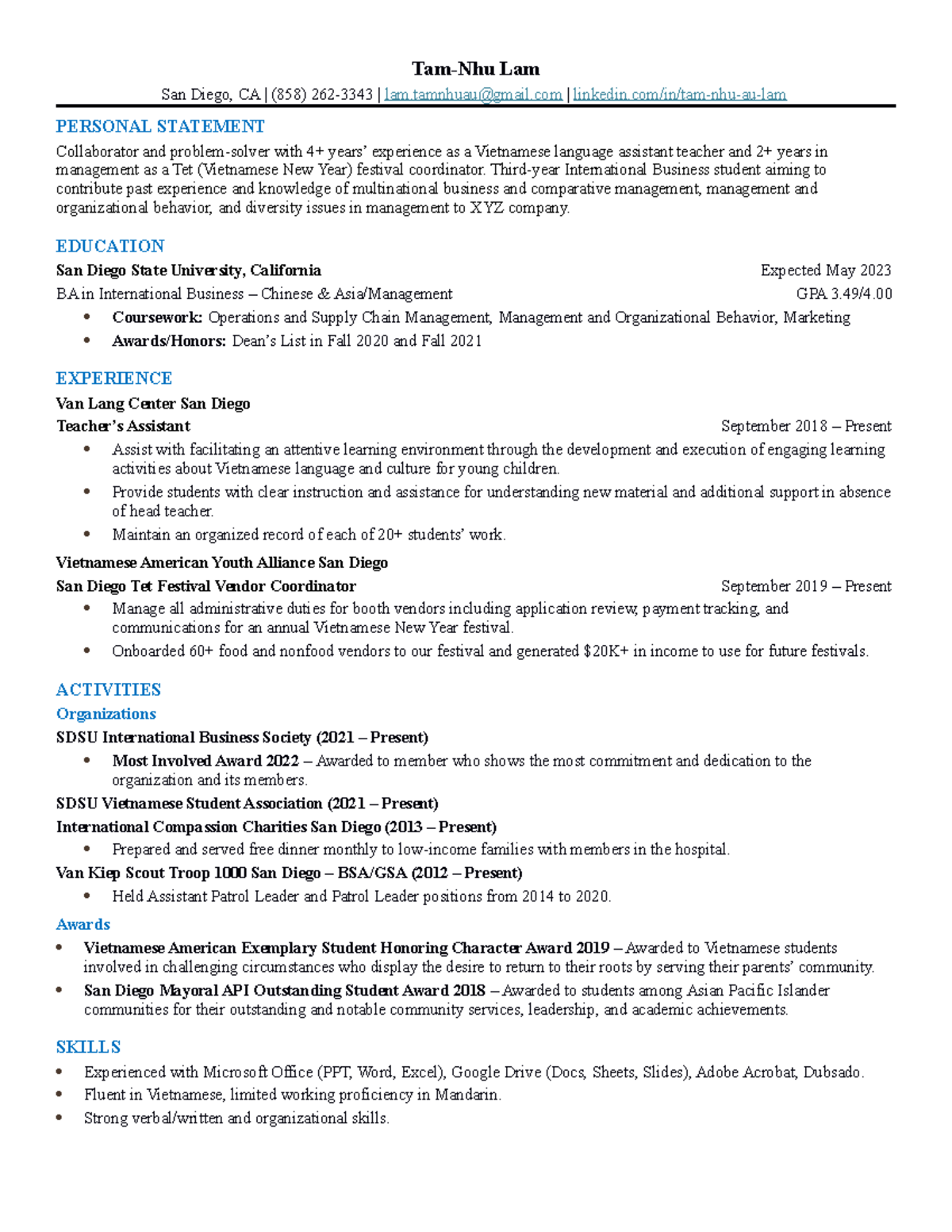 RTM 396W Resume 1 - Tam-Nhu Lam San Diego, CA | (858) 262-3343 | lam ...