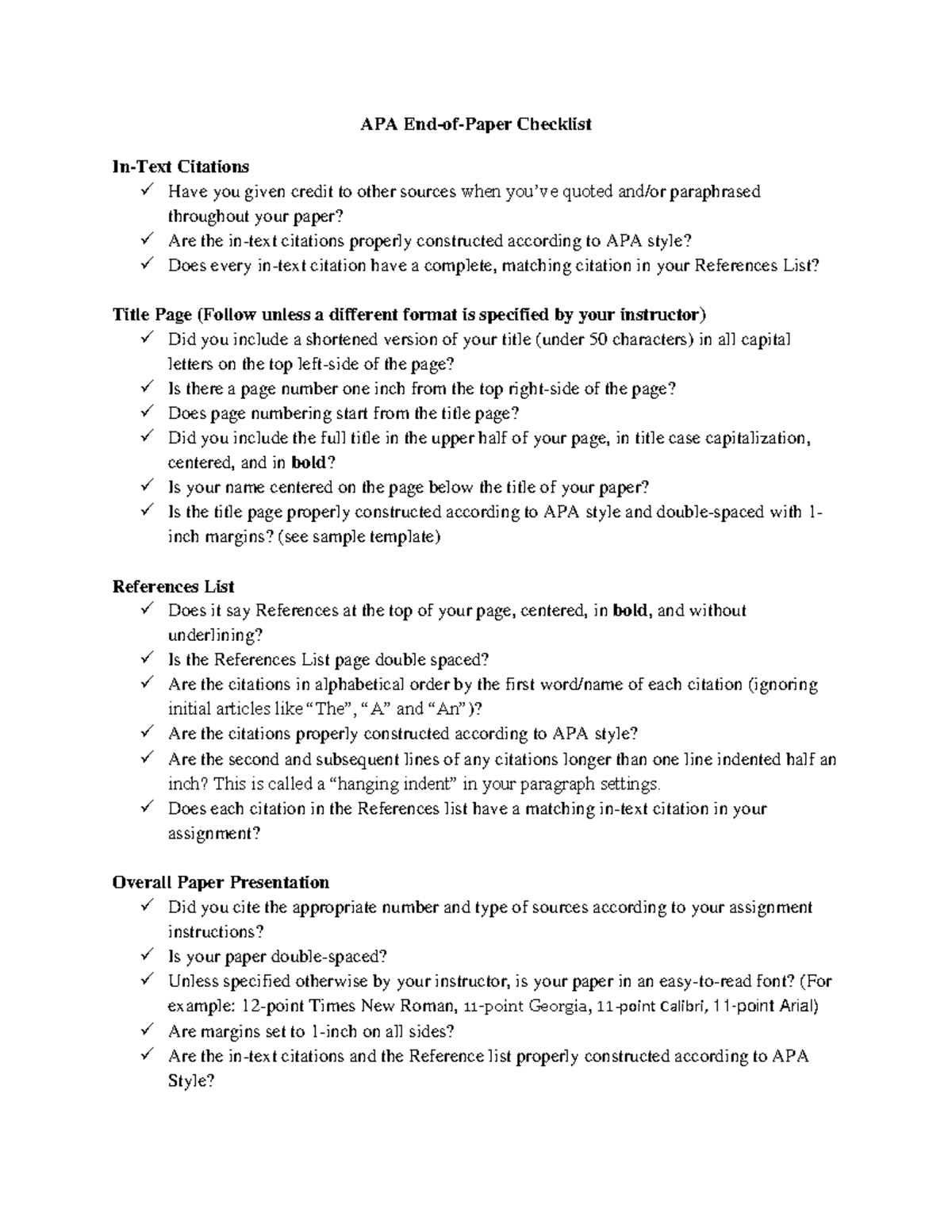 Apa 7 end of paper checklist - APA End-of-Paper Checklist In-Text ...