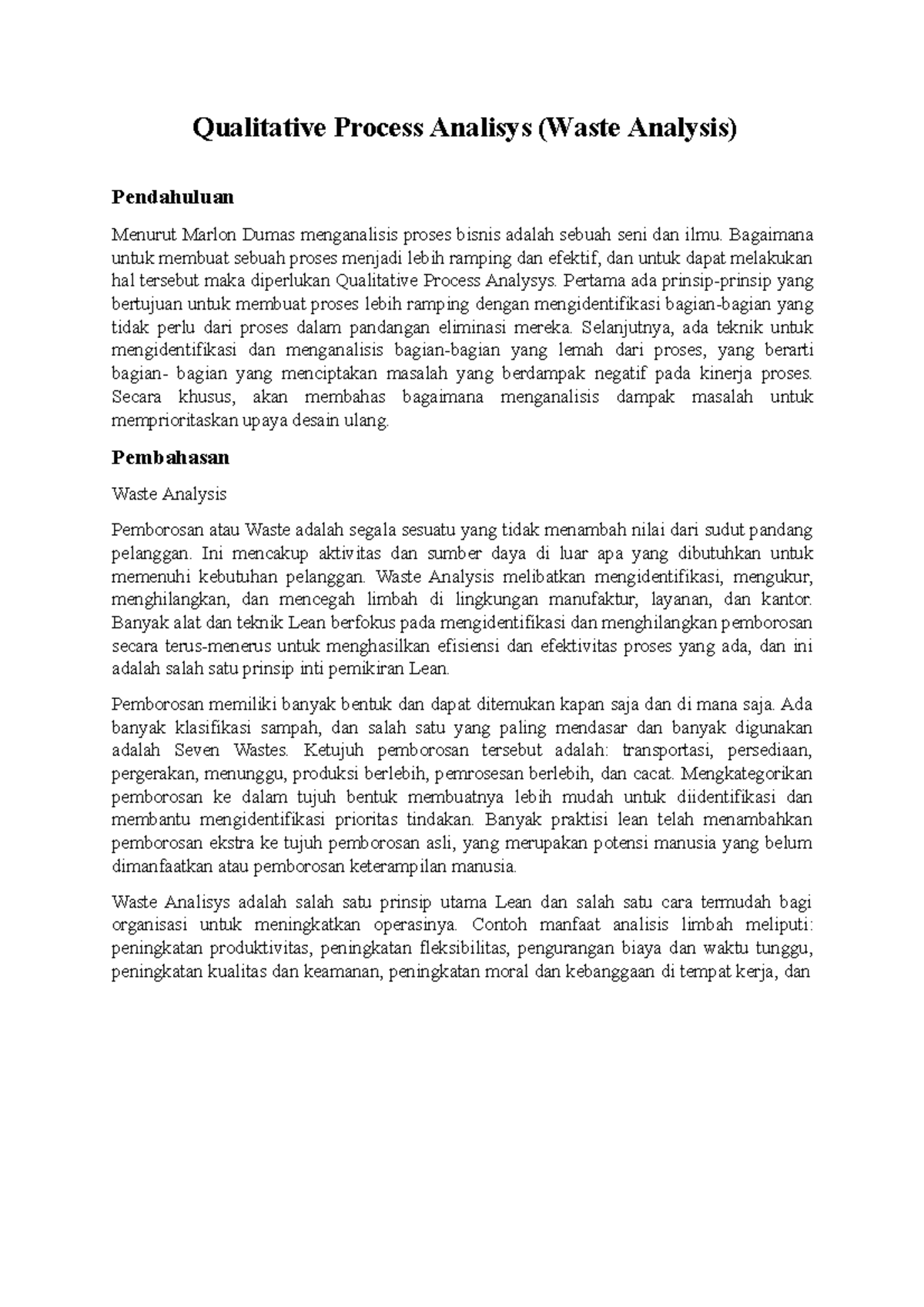 Resume MPB - Qualitative Process Analisys (Waste Analysis ...