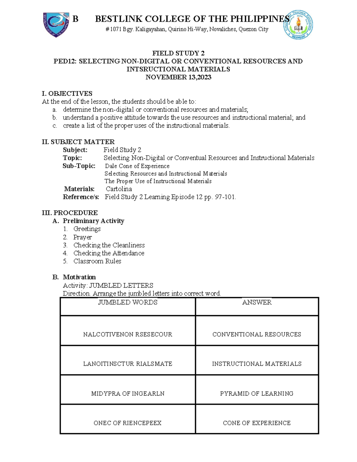 PED12 Lesson PLAN - B BESTLINK COLLEGE OF THE PHILIPPINES # 1071 Bgy ...