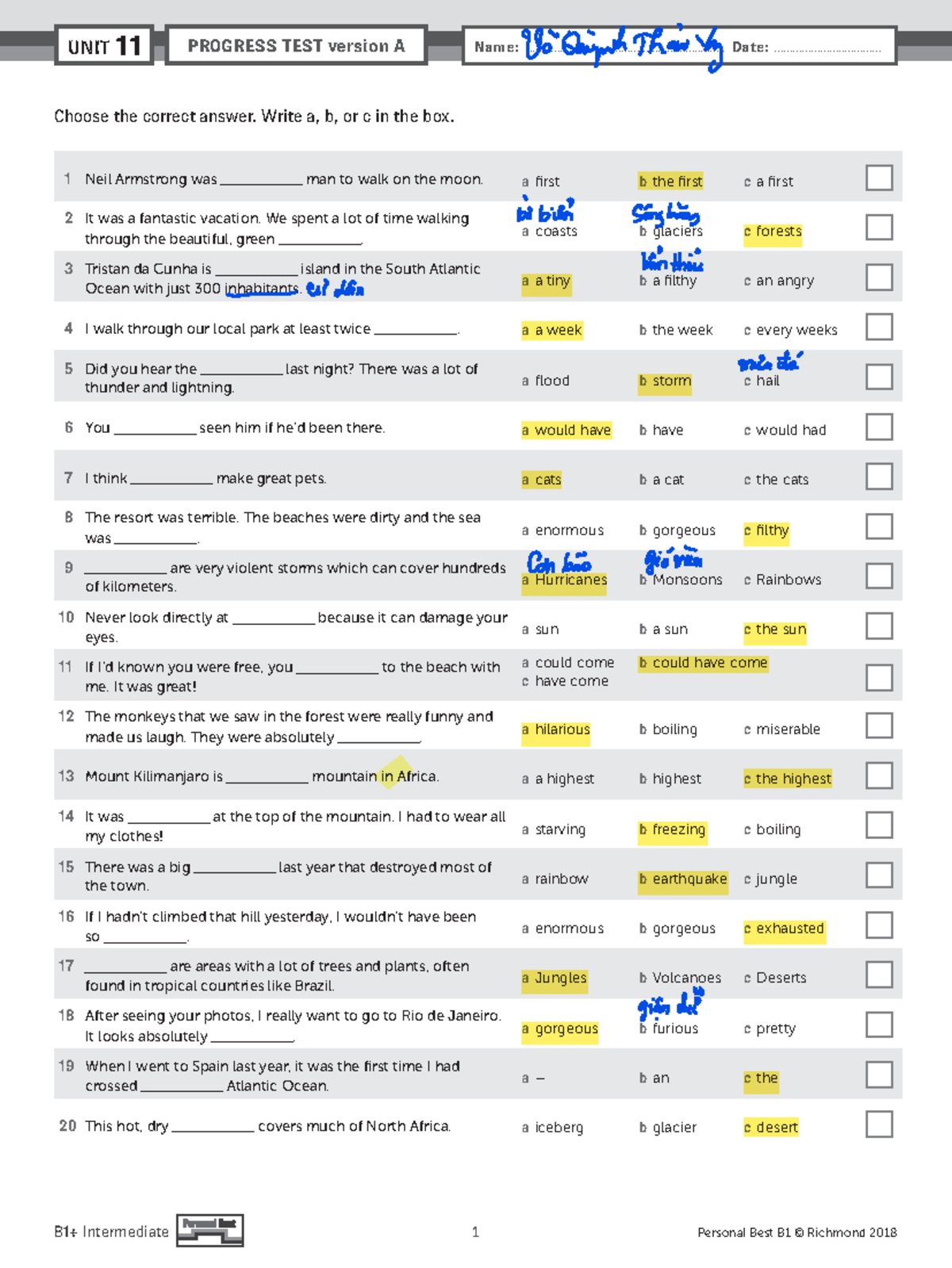 PB Am E B1+ Unit Test U11 Version A - Choose the correct answer. Write ...