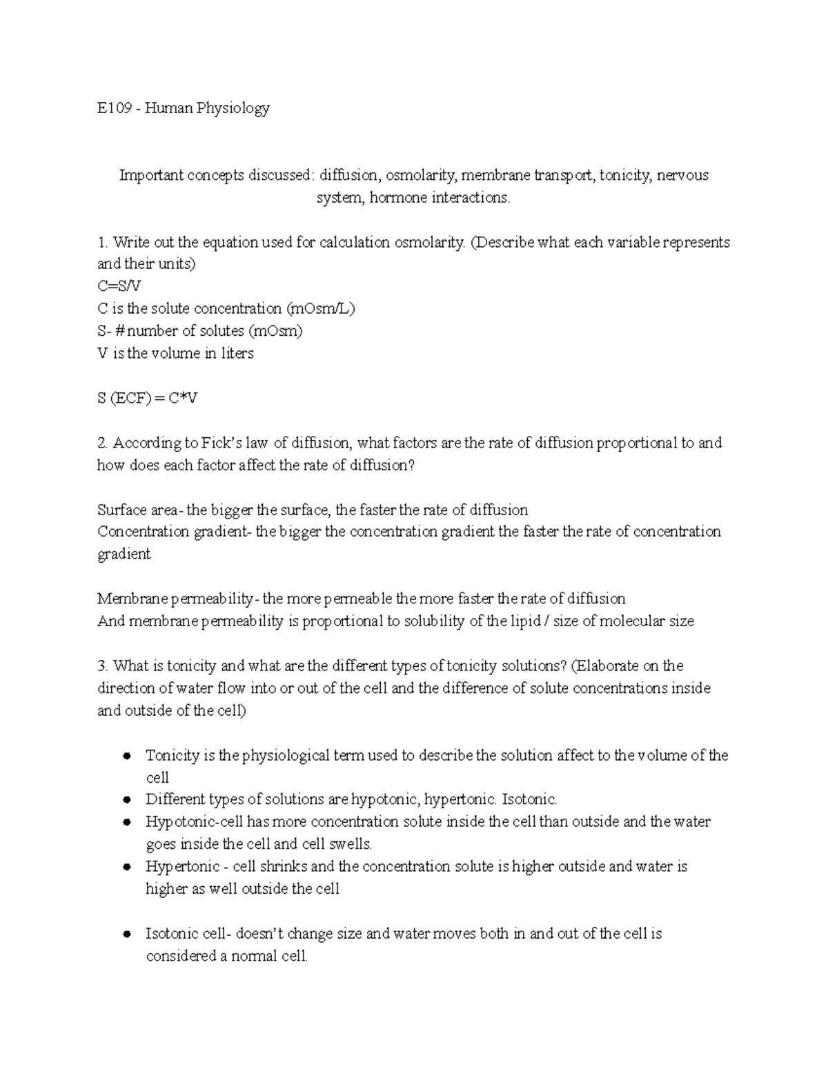 E109 Physio - spring - E109 - Human Physiology Important concepts discussed: diffusion ...