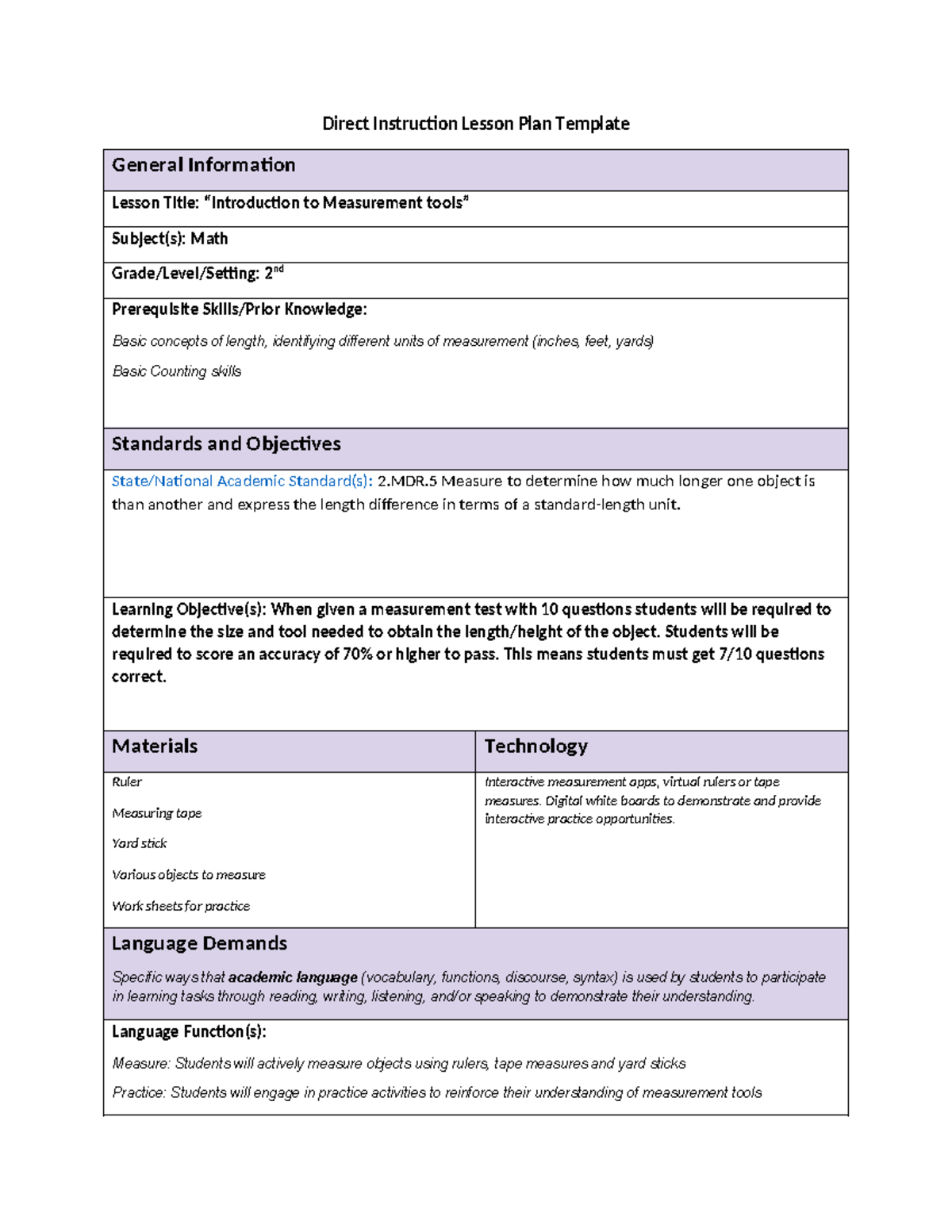 Math methods - Math lesson plan - Direct Instruction Lesson Plan ...