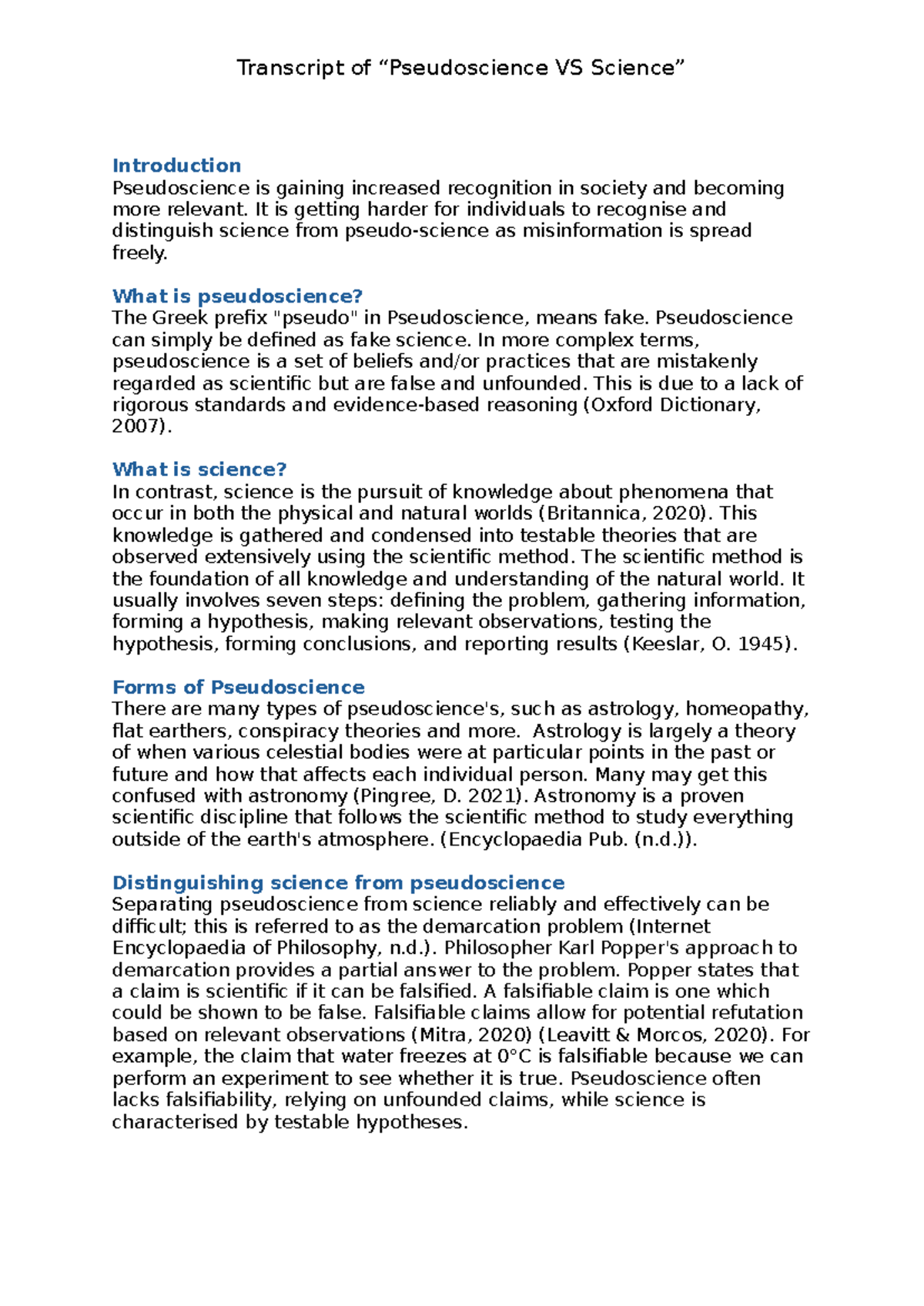 Multimedia assignment 1 - Transcript of “Pseudoscience VS Science” Introduction Pseudoscience is ...