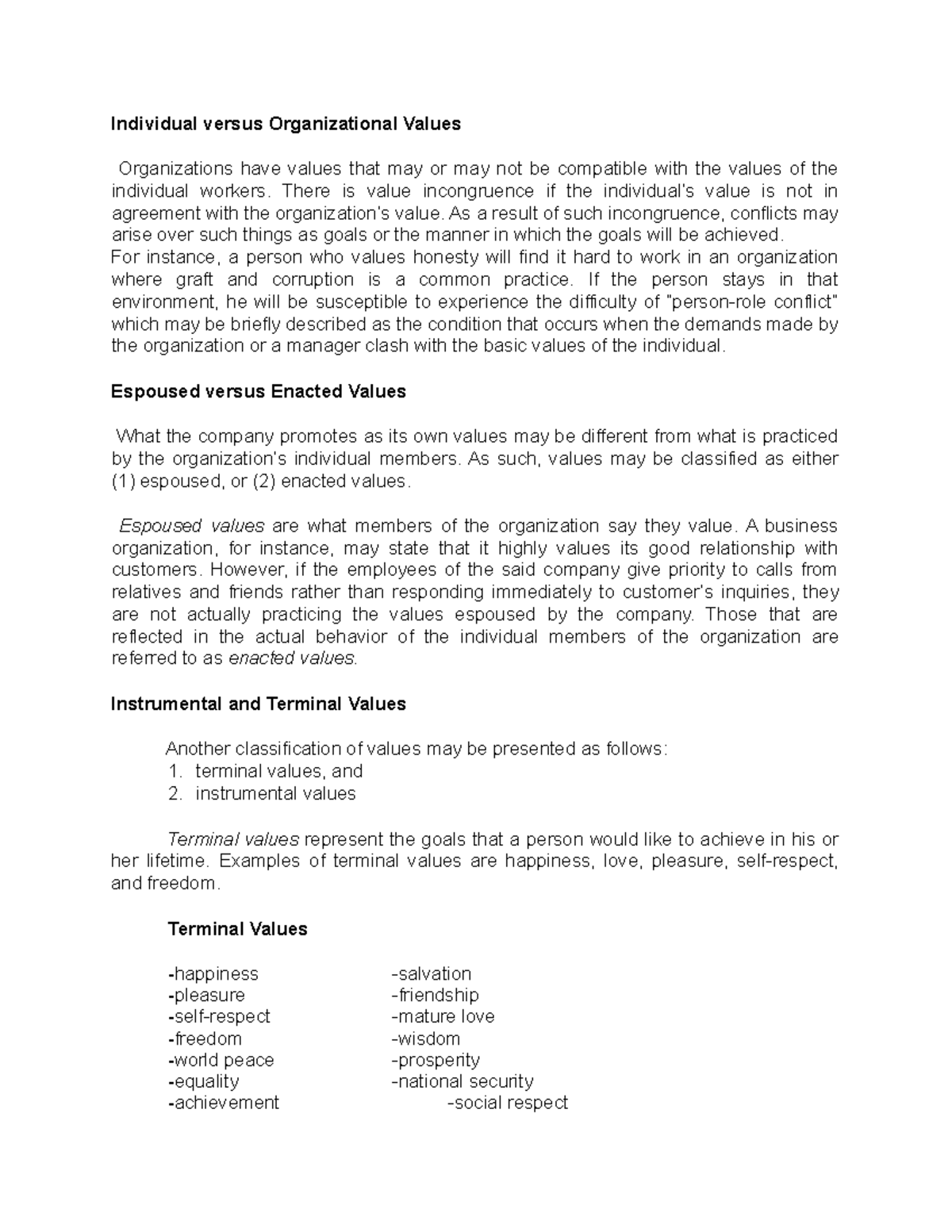 Individual versus Organizational Values - Individual versus ...