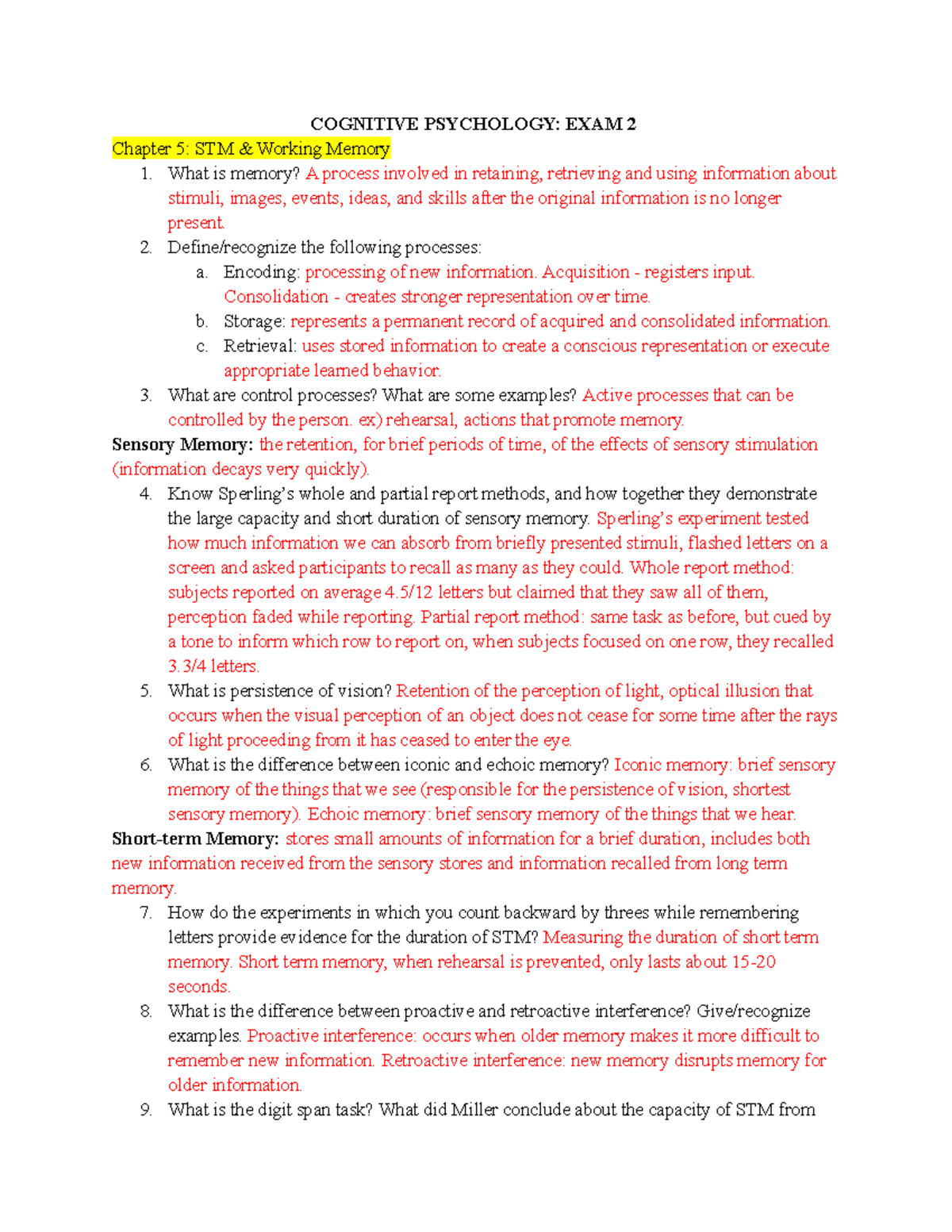 Cog Psy EXAM 2 - COGNITIVE PSYCHOLOGY: EXAM 2 Chapter 5: STM & Working ...