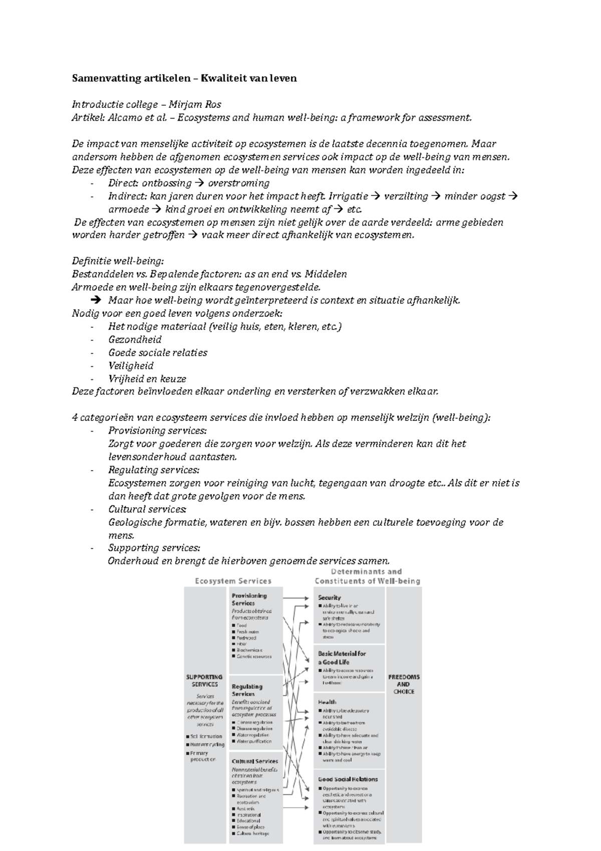 Samenvatting artikelen – Kwaliteit van leven - – Ecosystems and human well-being: a framework ...