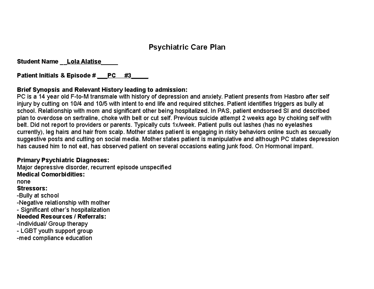 Care Plan II PC - Psychiatric Care Plan Student Name Lola Alatise ...