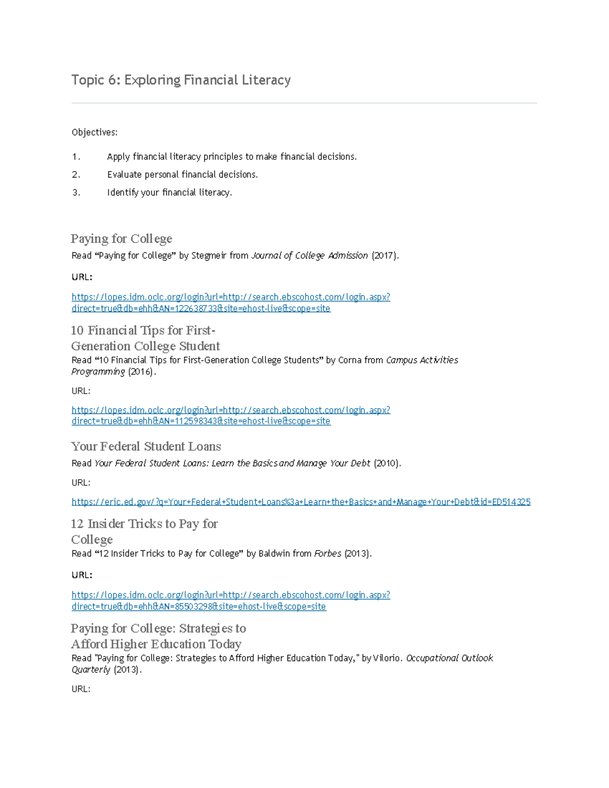 Topic 6 and Study Materials - Topic 6: Exploring Financial Literacy ...