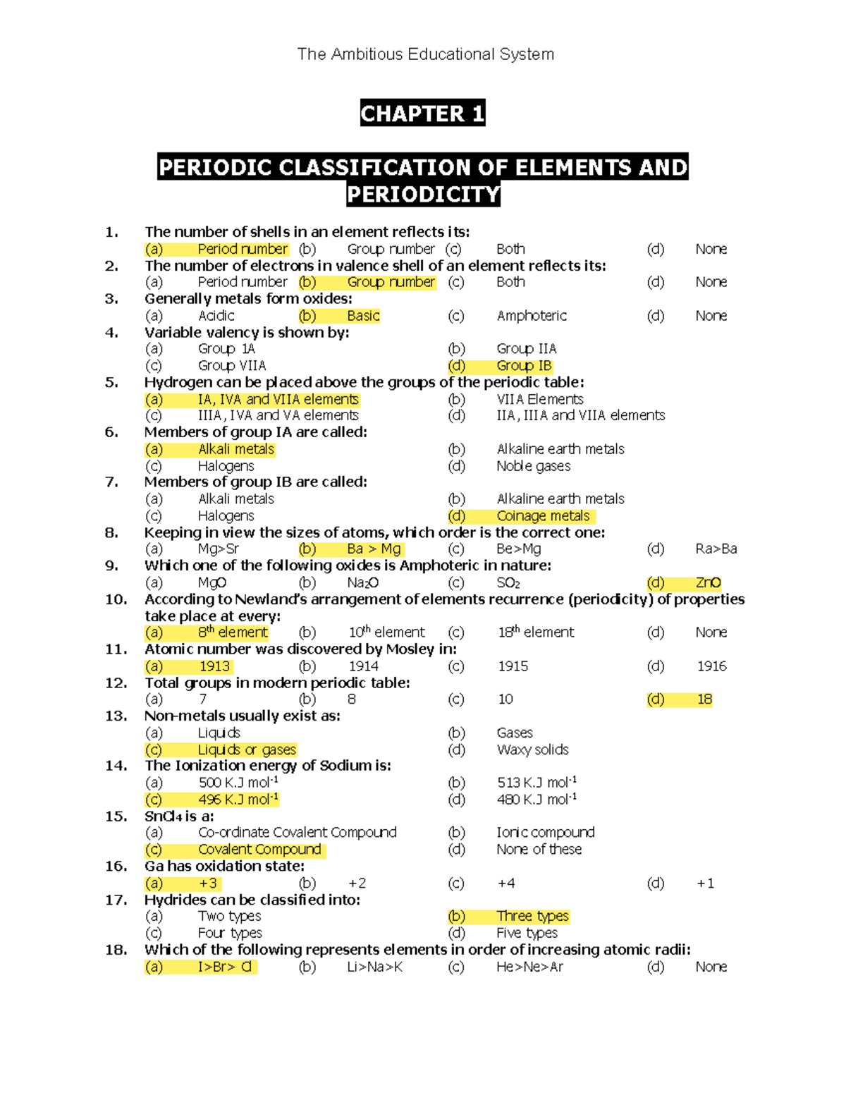 Chemistry First 2 chapter - CHAPTER 1 PERIODIC CLASSIFICATION OF ...