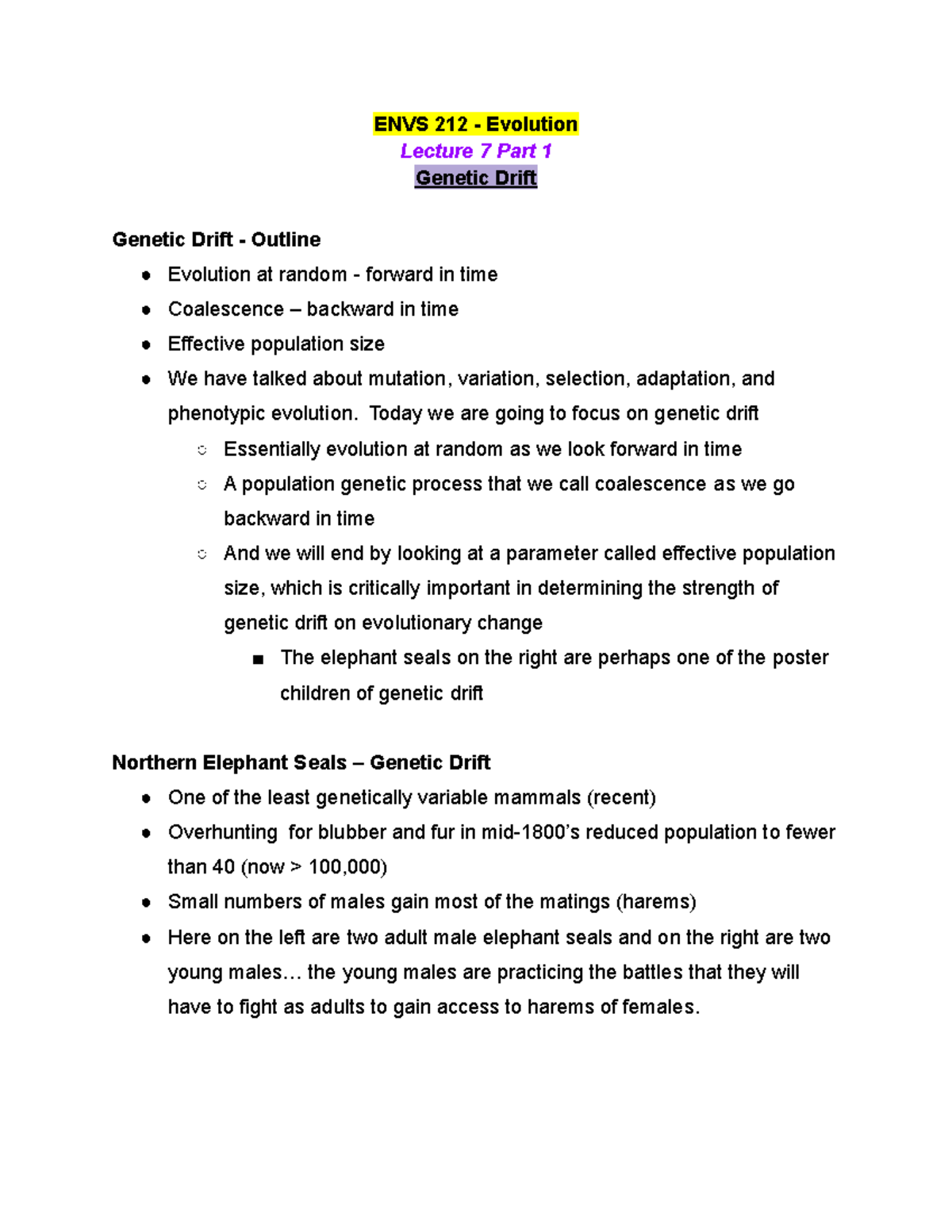 ENVS 212 Lecture 7 Part 1 - Spring 2020 - ENVS 212 - Evolution Lecture 7 Part 1 Genetic Drift ...