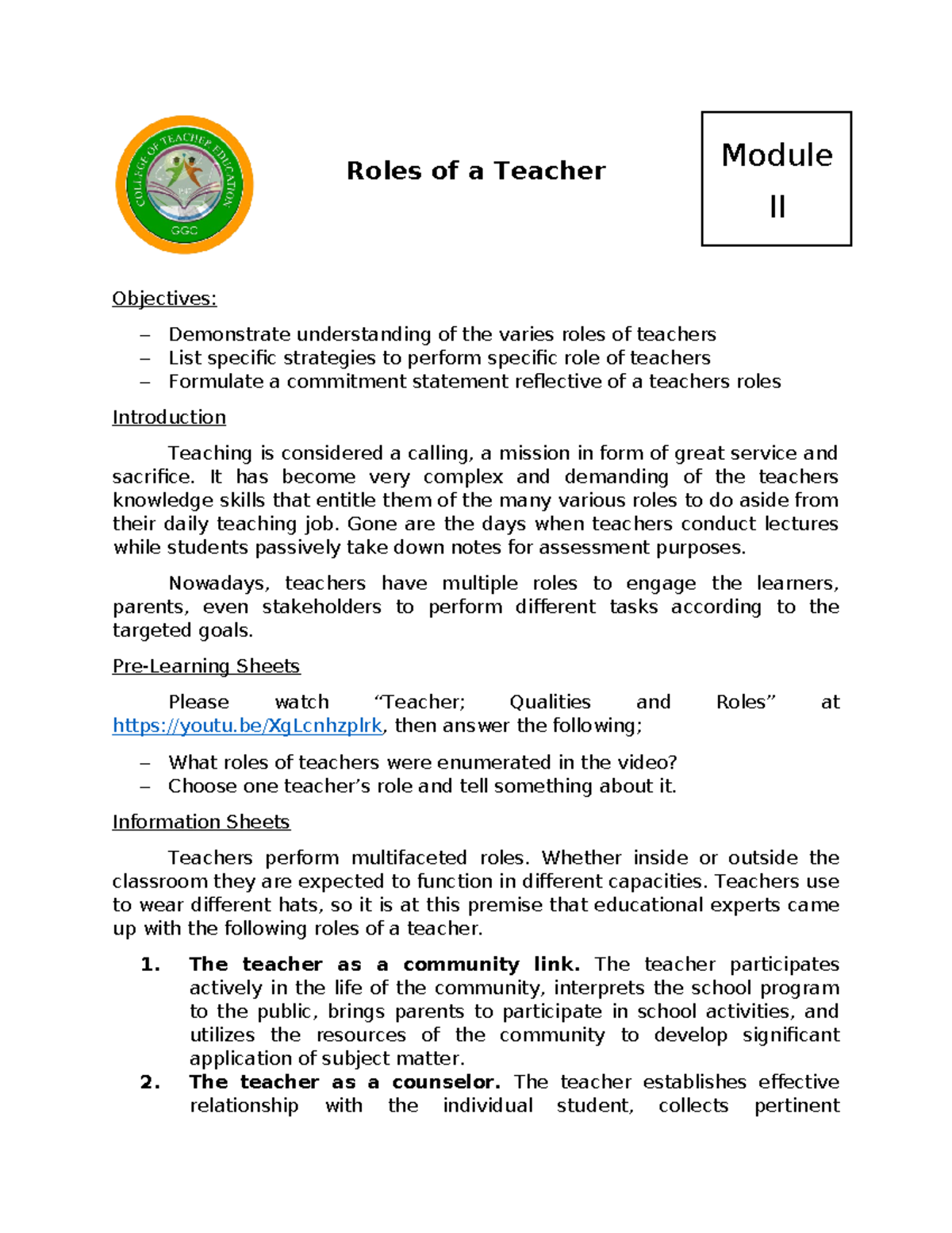 Module-II - Module - Module II Roles of a Teacher Objectives ...