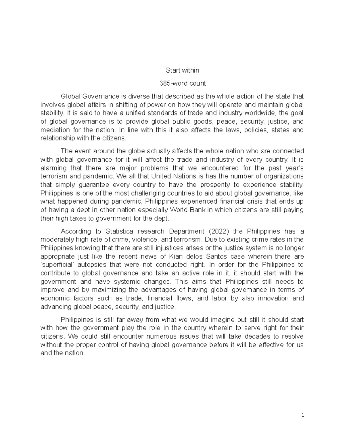 Global Economic and Political Integration - Start within 385-word count ...