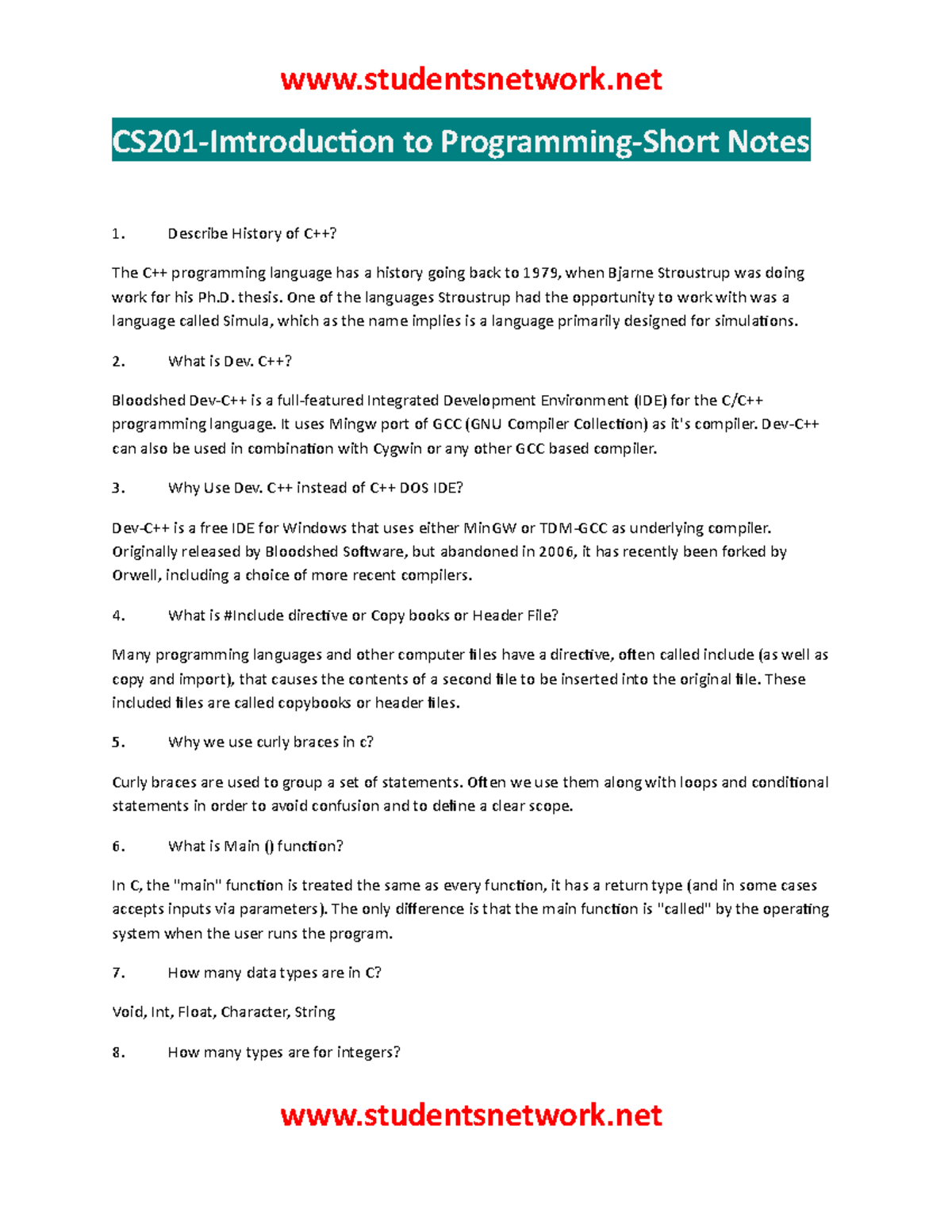 CS201-short Notes - best way to pass exam - CS201-Imtroduction to ...