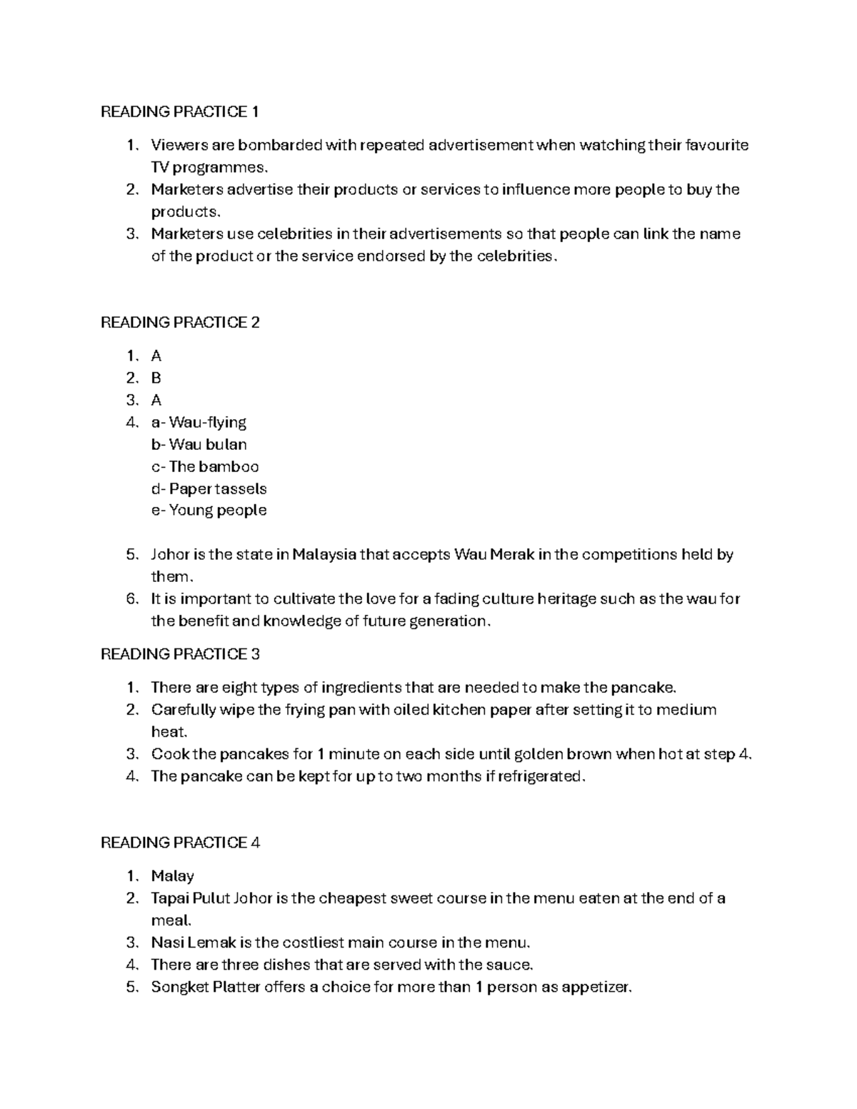 Answers for Assignment 3 Reading Practice 1-6 - READING PRACTICE 1 ...