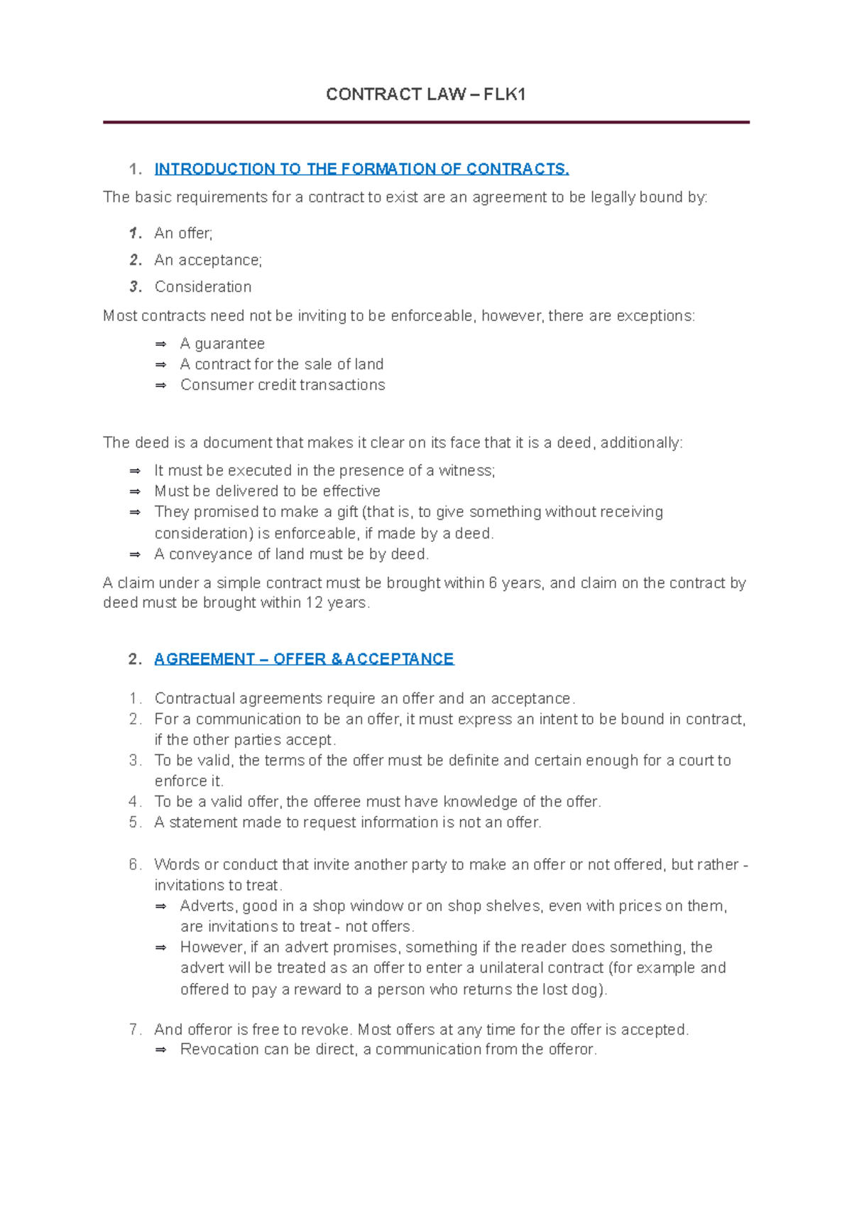 Contract LAW - FLK1 - CONTRACT LAW – FLK 1. INTRODUCTION TO THE FORMATION OF CONTRACTS. The ...