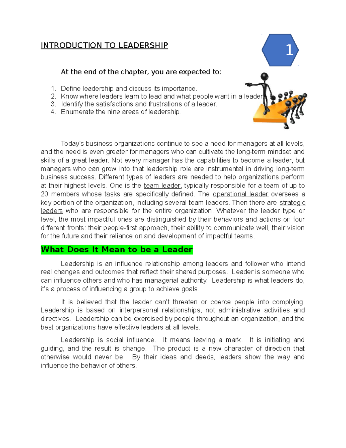 Chapter 1 Introduction TO Leadership - INTRODUCTION TO LEADERSHIP At ...