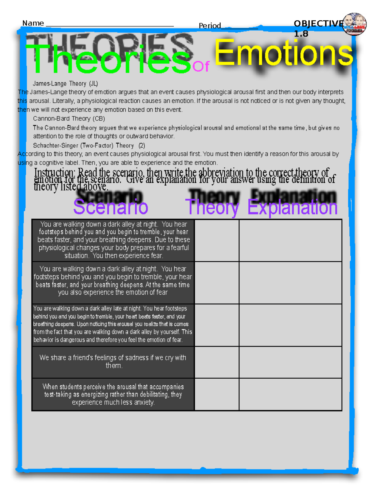Emotions Worksheet - Exam - Name Period OBJECTIVE 1. TheoriesOf James ...