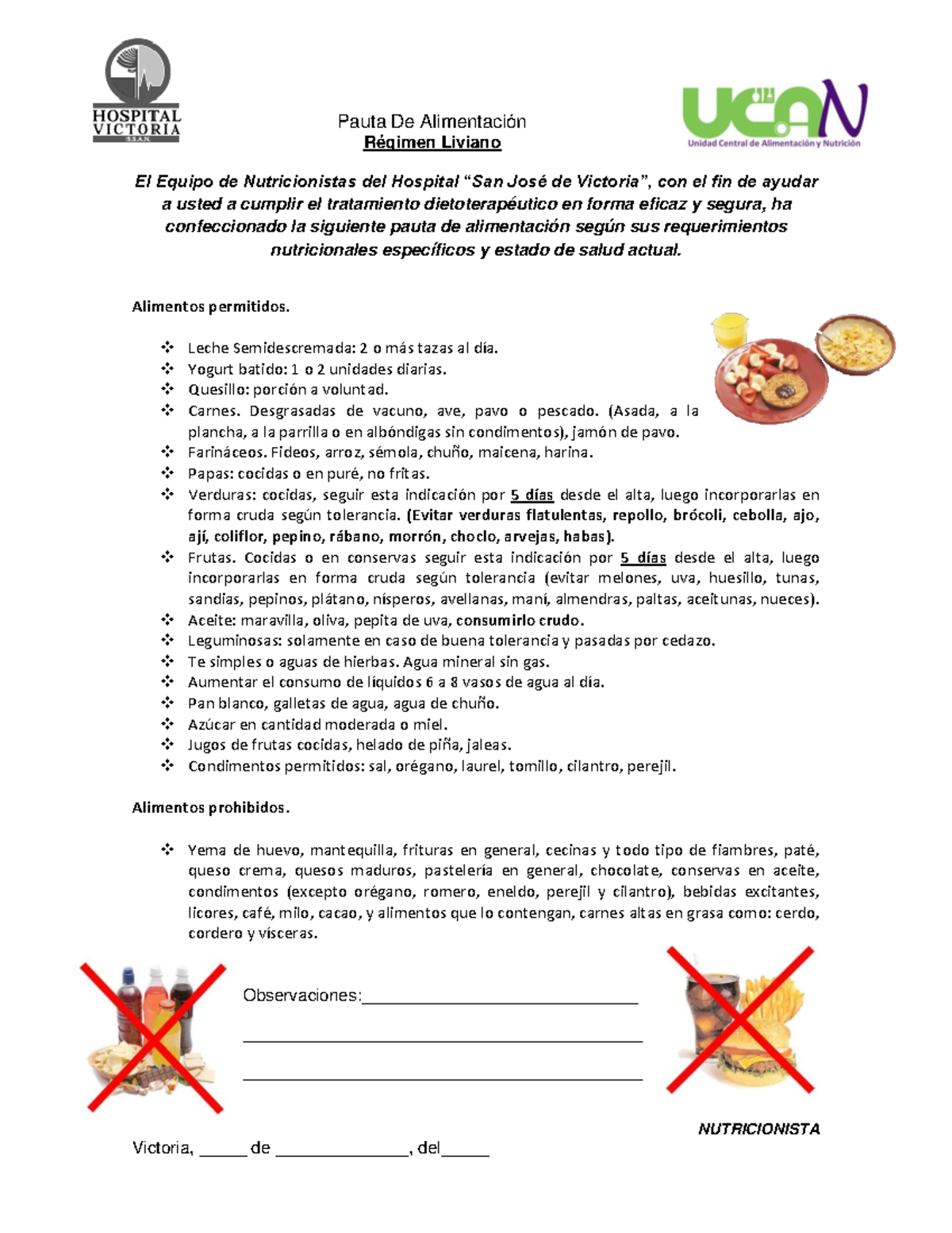 Pauta De Alimentación, Regimen Liviano - NUTRICIONISTA Victoria ...