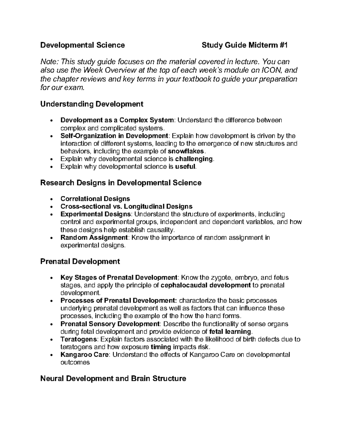 Dev Sci Study Guide Midterm 1 - Developmental Science Study Guide Midterm Note: This study guide ...