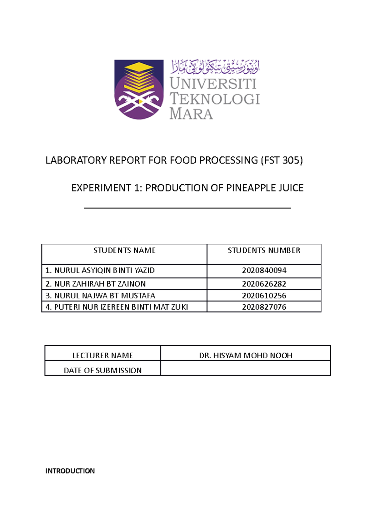 LAB 1 Production OF Pineapple Juice - LABORATORY REPORT FOR FOOD ...