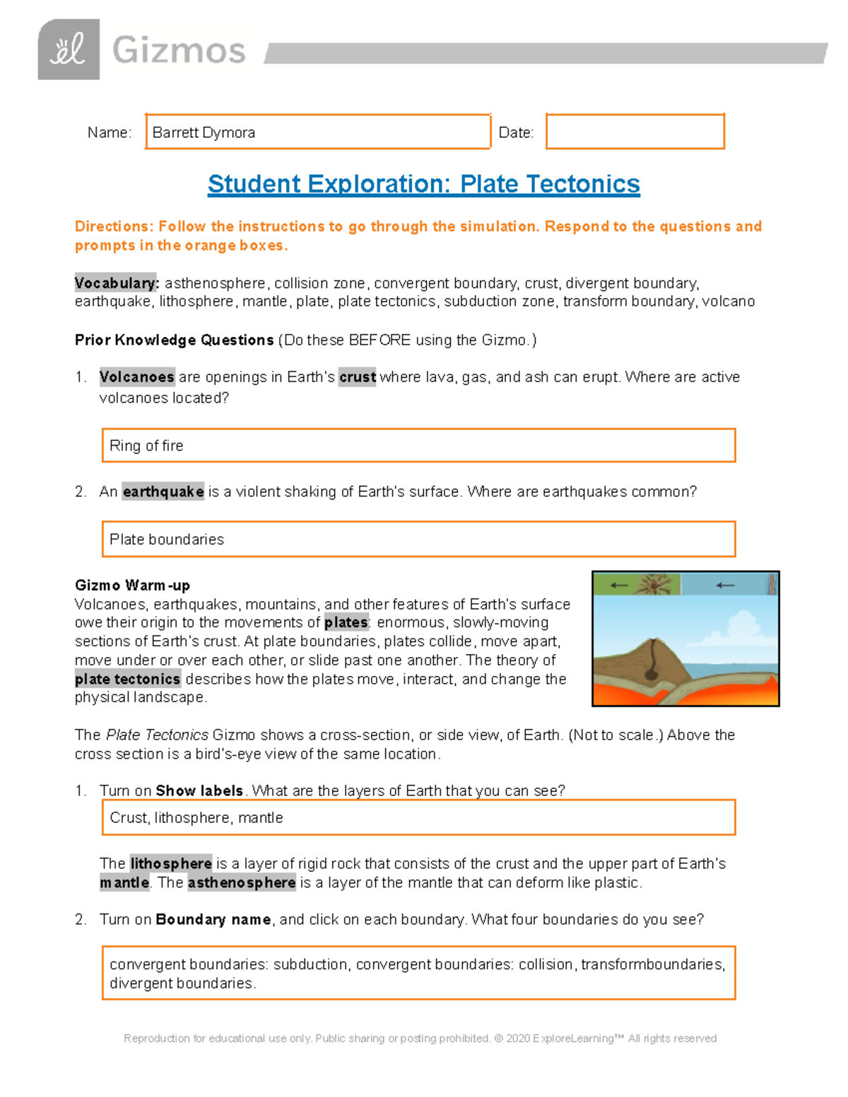 Copy of Copy of Plate Tectonics SE - Name: Barrett Dymora Date: Student ...