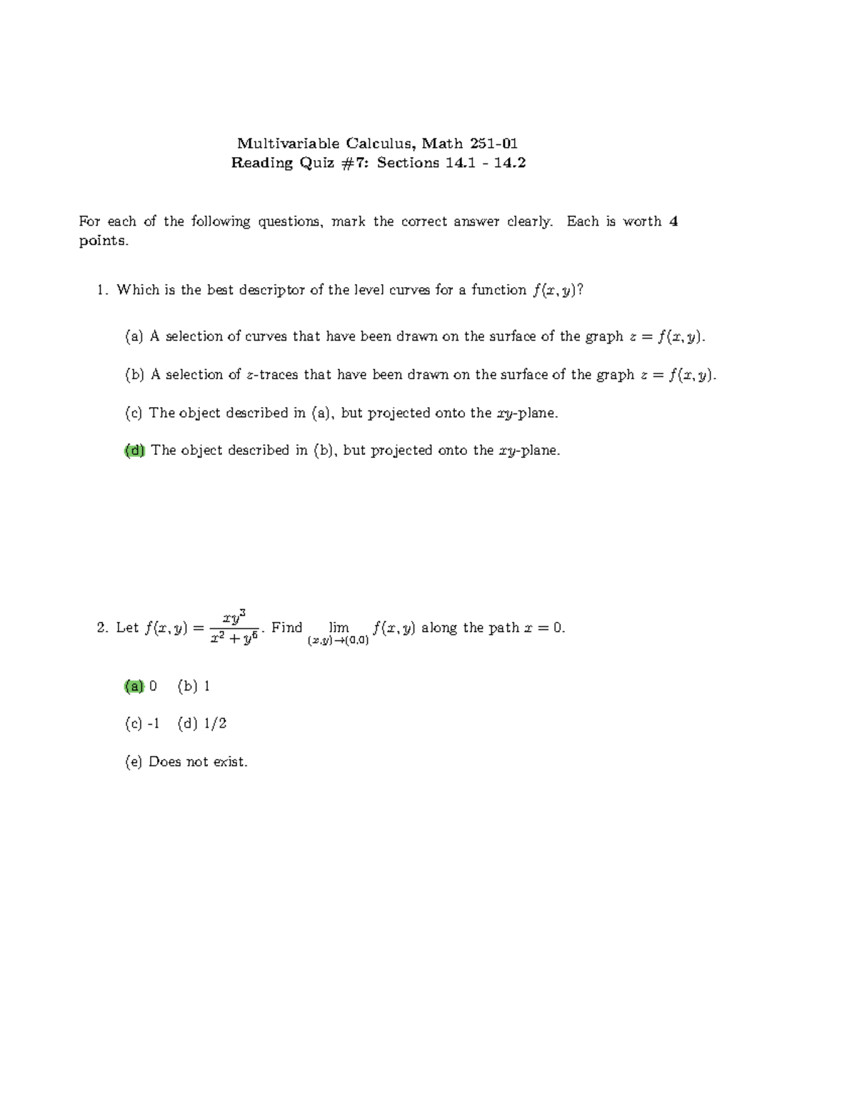 7. 14.1 - 14 - Reading Quiz Chapter 14.1-14.2 - Multivariable Calculus, Math 251- Reading Quiz ...