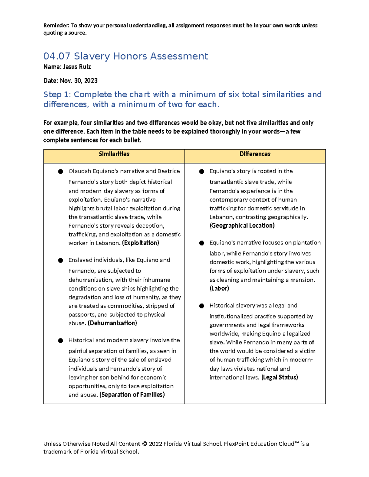 04.07H Slavery - Honors - Reminder: To show your personal understanding ...