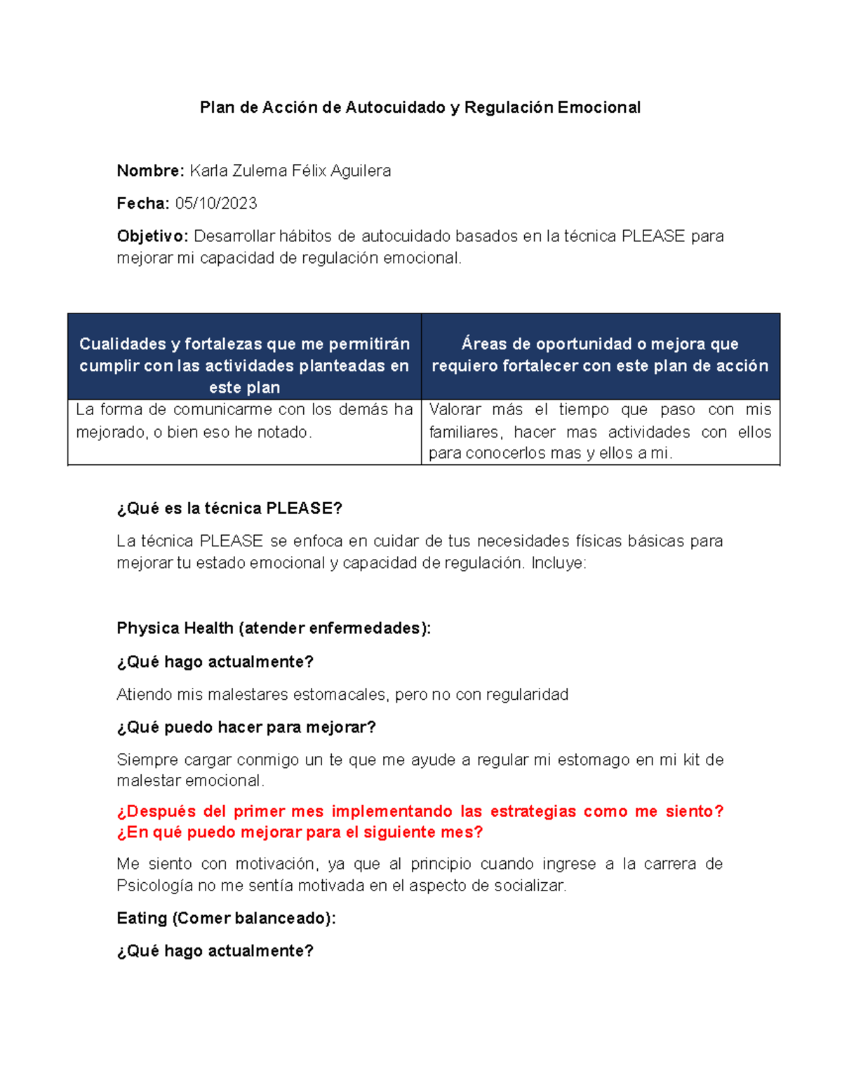 Karla, plan de accion de autocuidado nivel 2 - Plan de Acción de ...