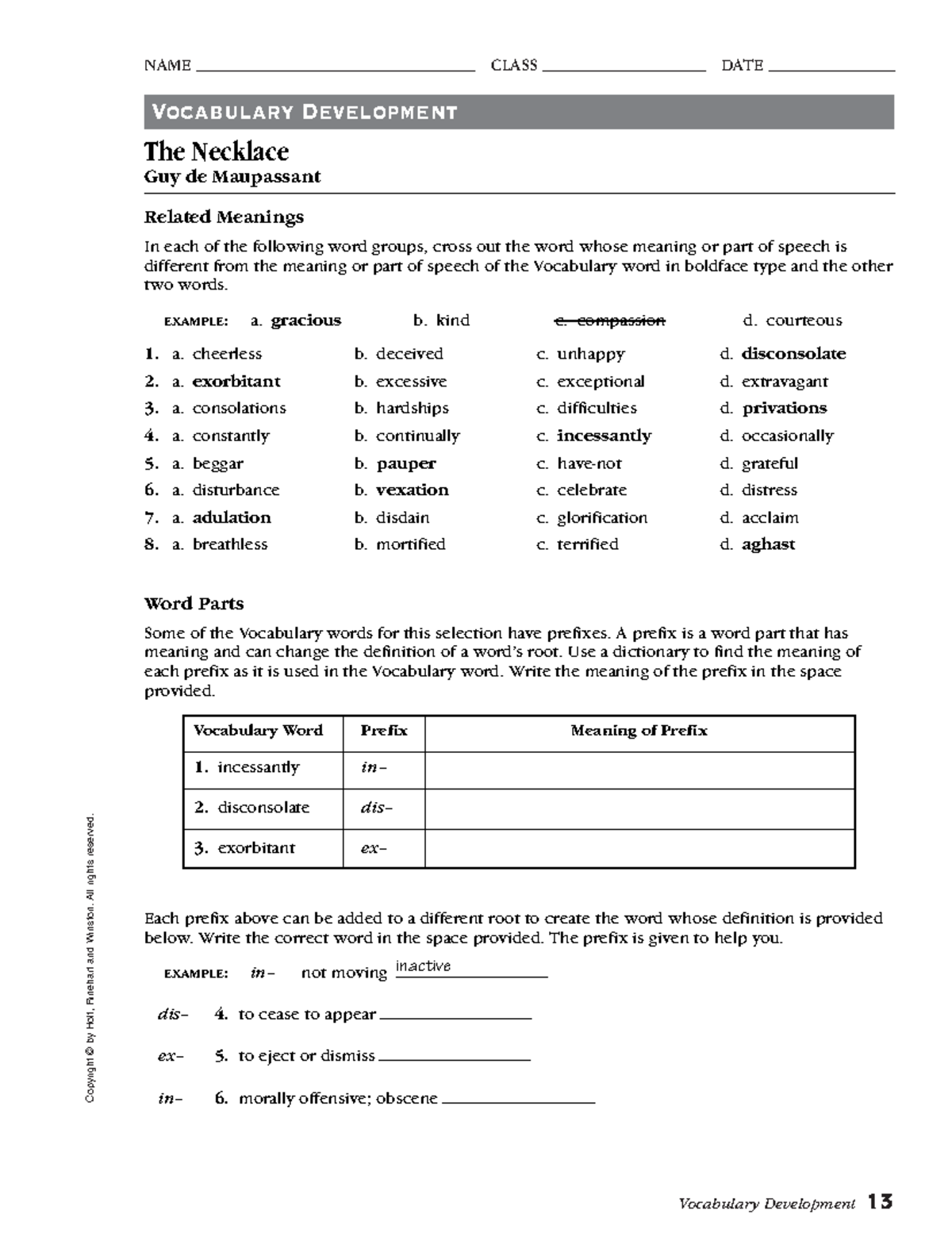 Necklace vocab - Vocabulary Development 13 Copyright © by Holt ...