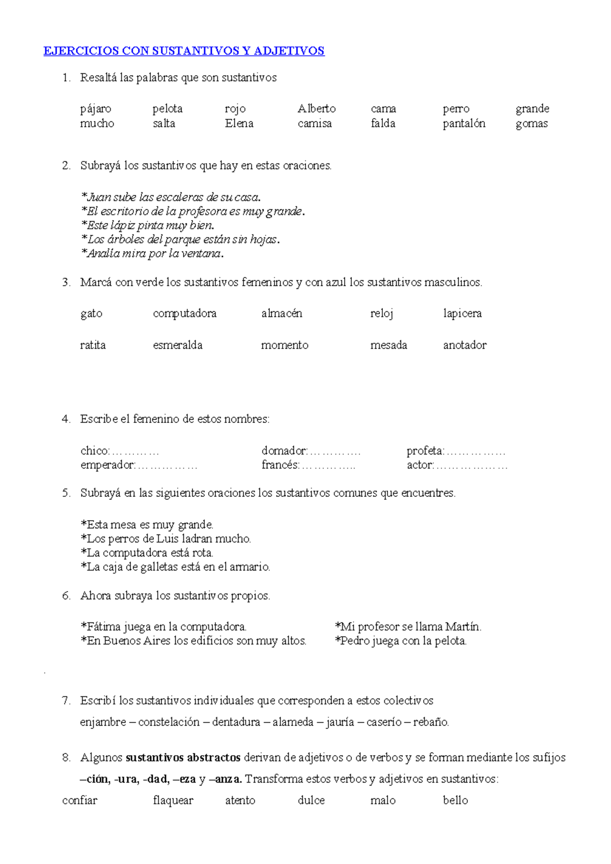 Ejercicios Con Sustantivos y Adjetivos - EJERCICIOS CON SUSTANTIVOS Y ...