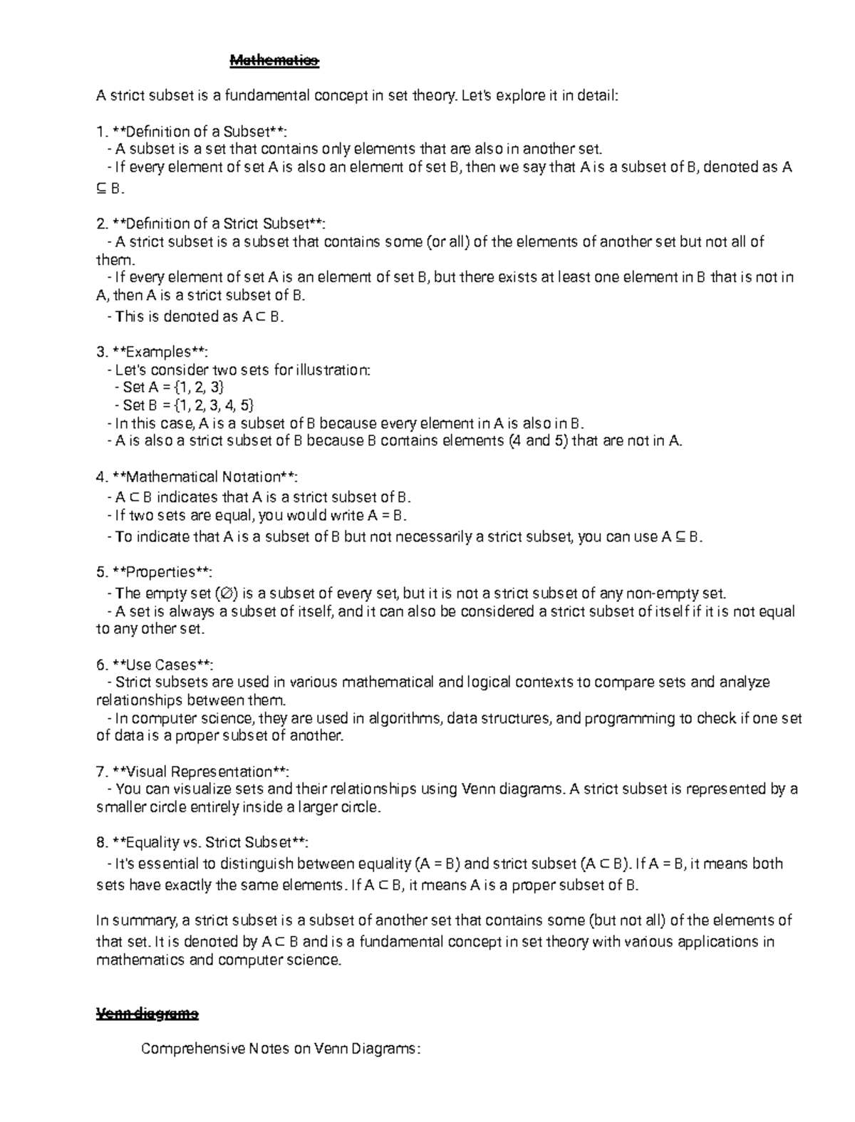 Assignment - First semester - Mathematics A strict subset is a ...