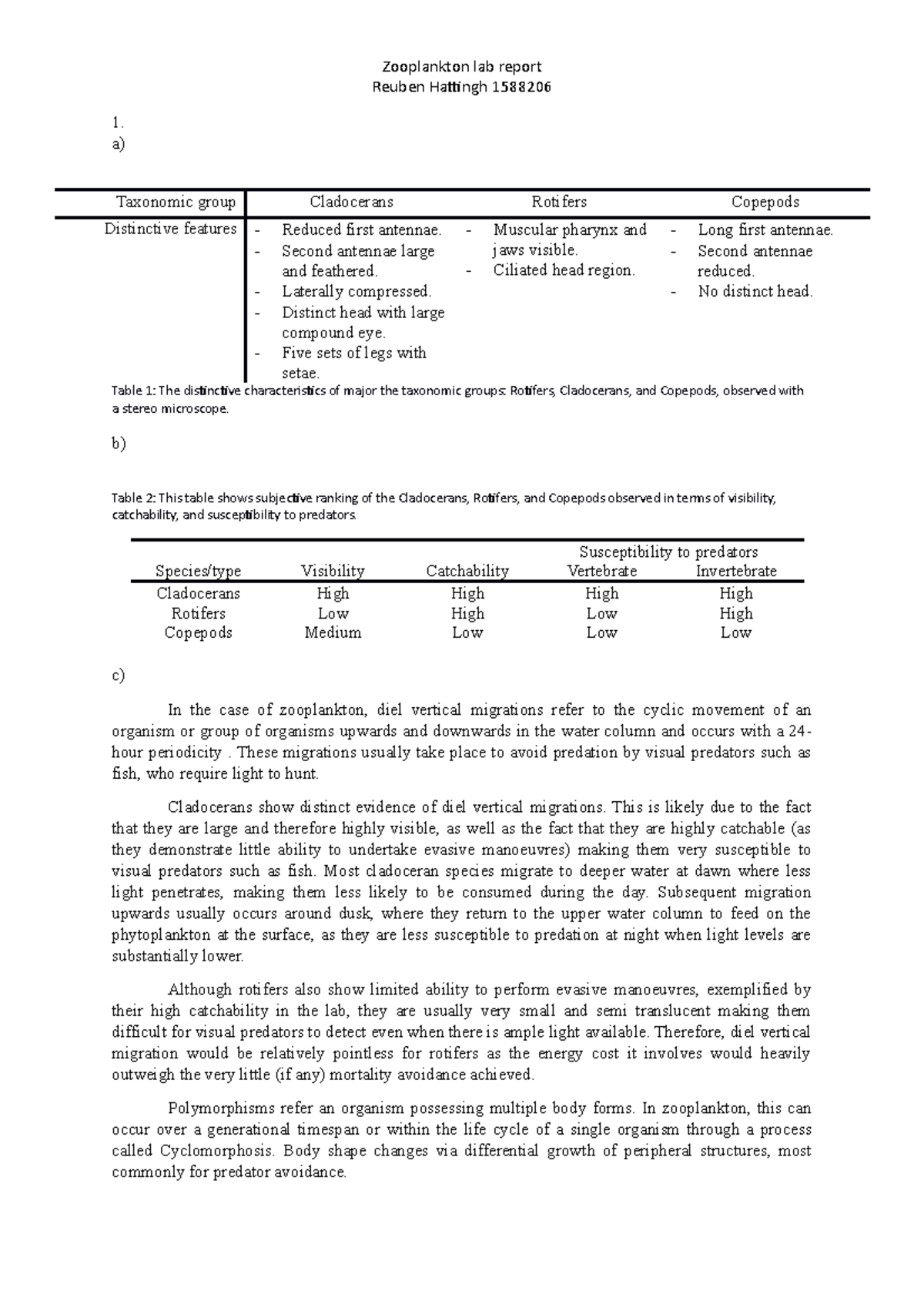Zooplankton Report - Zooplankton lab report Reuben Hattingh 1588206 a ...