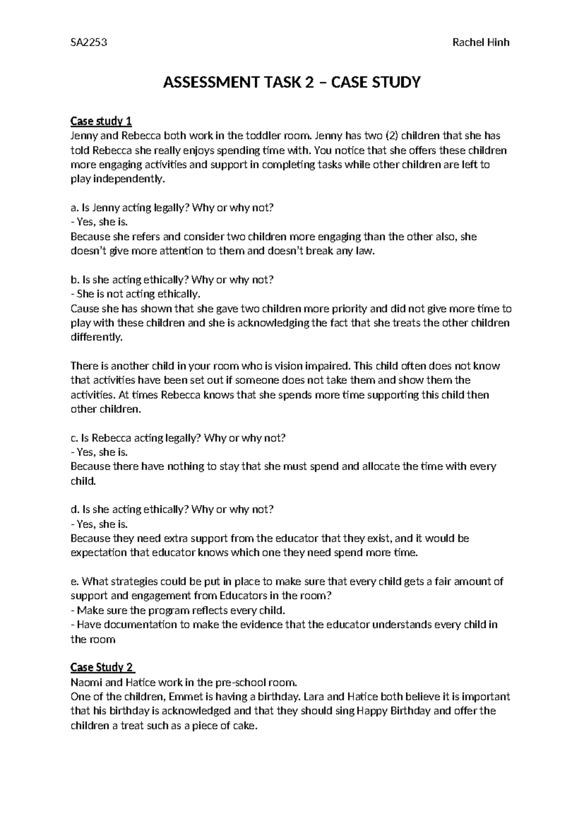 Rachel - TASK 2 - Bio - SA2253 Rachel Hinh ASSESSMENT TASK 2 – CASE STUDY Case study 1 Jenny and ...