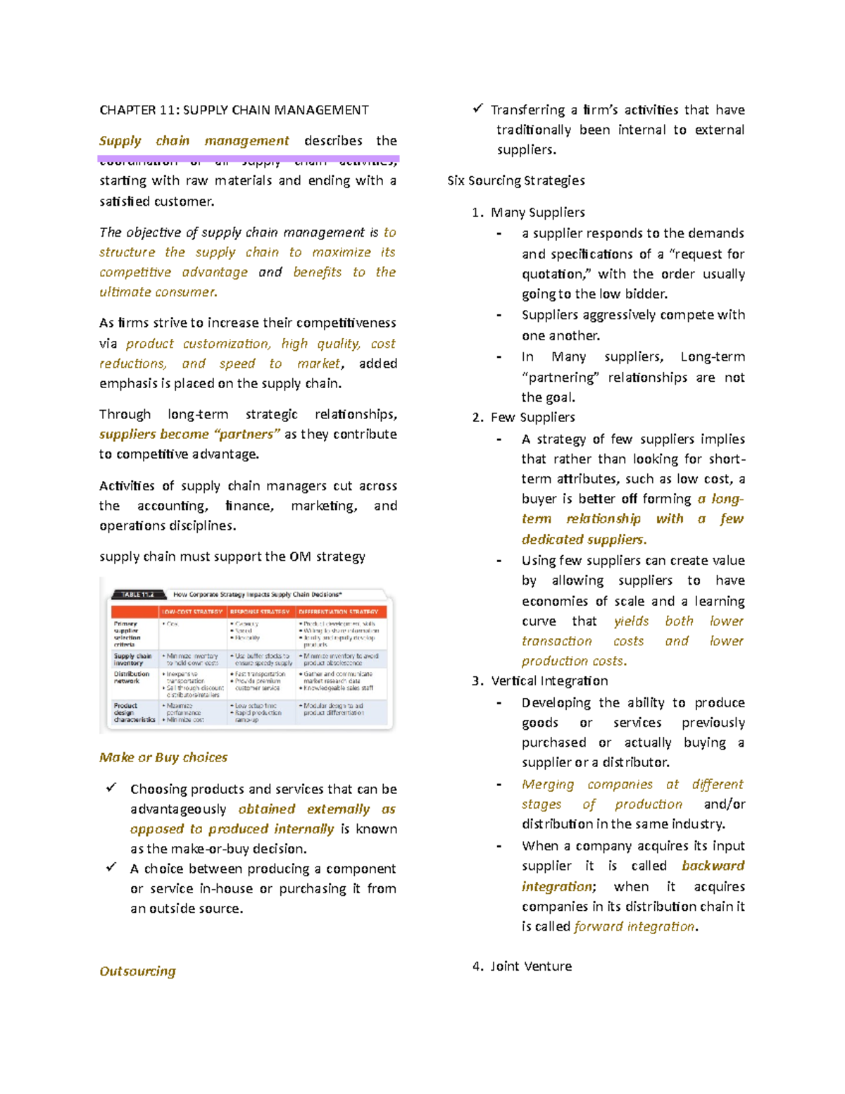 Chapter 11 - notes for operation management - CHAPTER 11: SUPPLY CHAIN ...