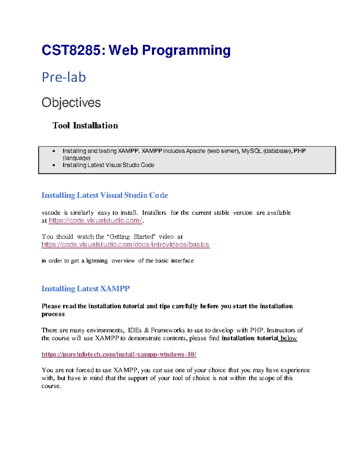 PRE LAB - SOFTWARE INSTALLATION - CST8 285 : Web Programming Pre-lab Objectives Tool ...