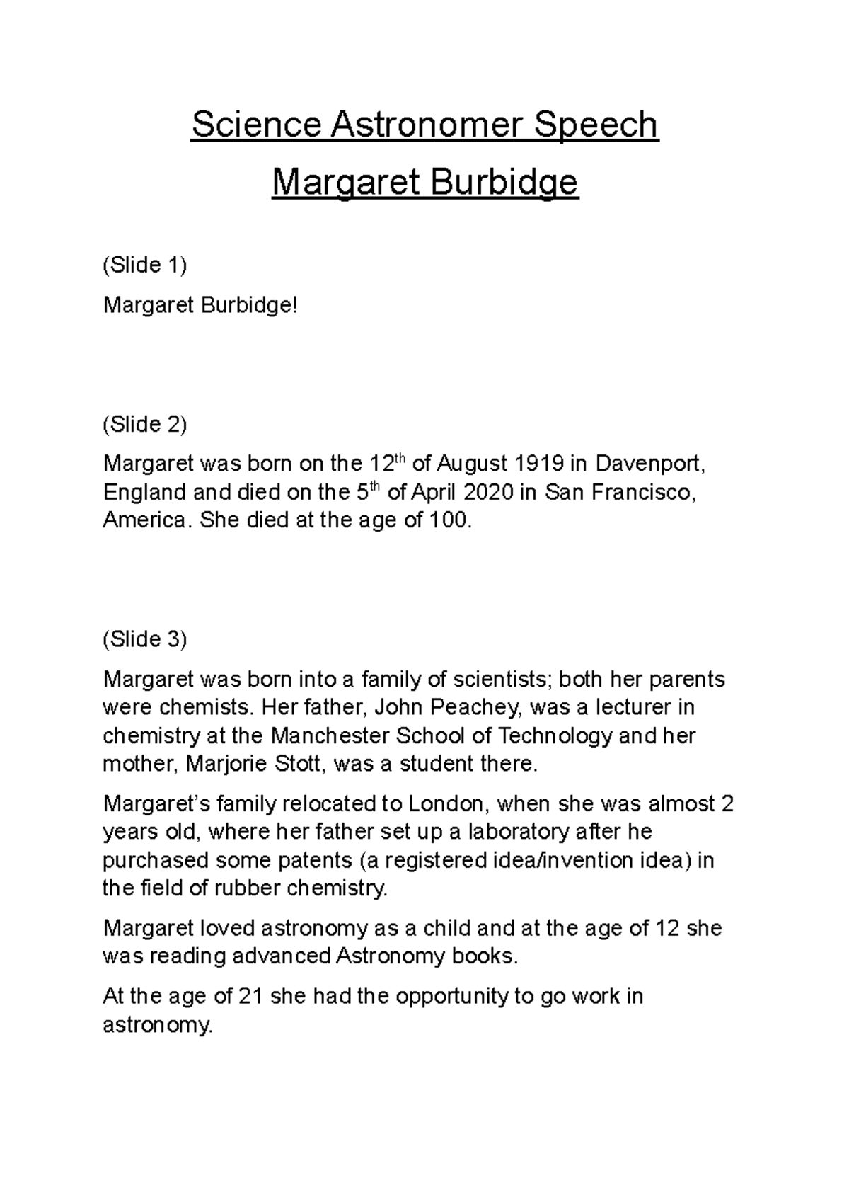 Science Astronomer Speech - Margaret Burbidge - Science Astronomer ...