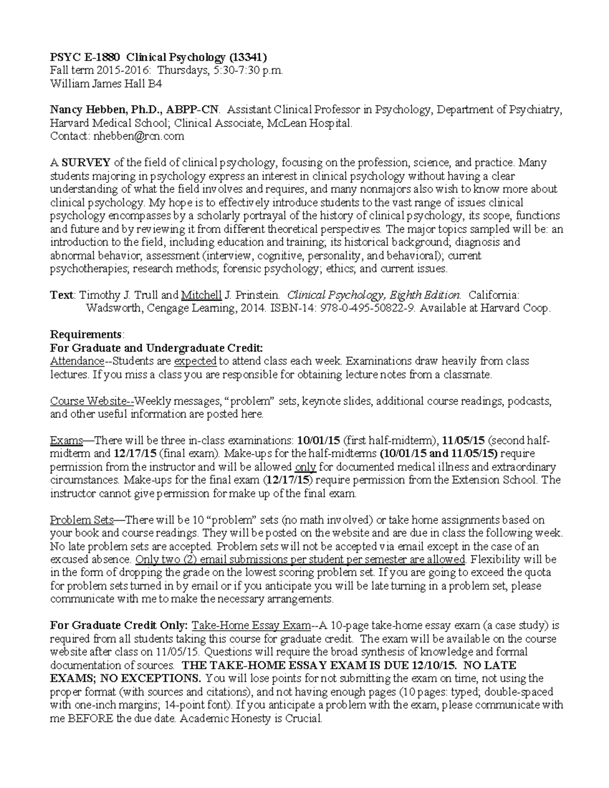 Clincial Psychology Syllabus Harvard 2015 - PSYC E-1880 Clinical ...